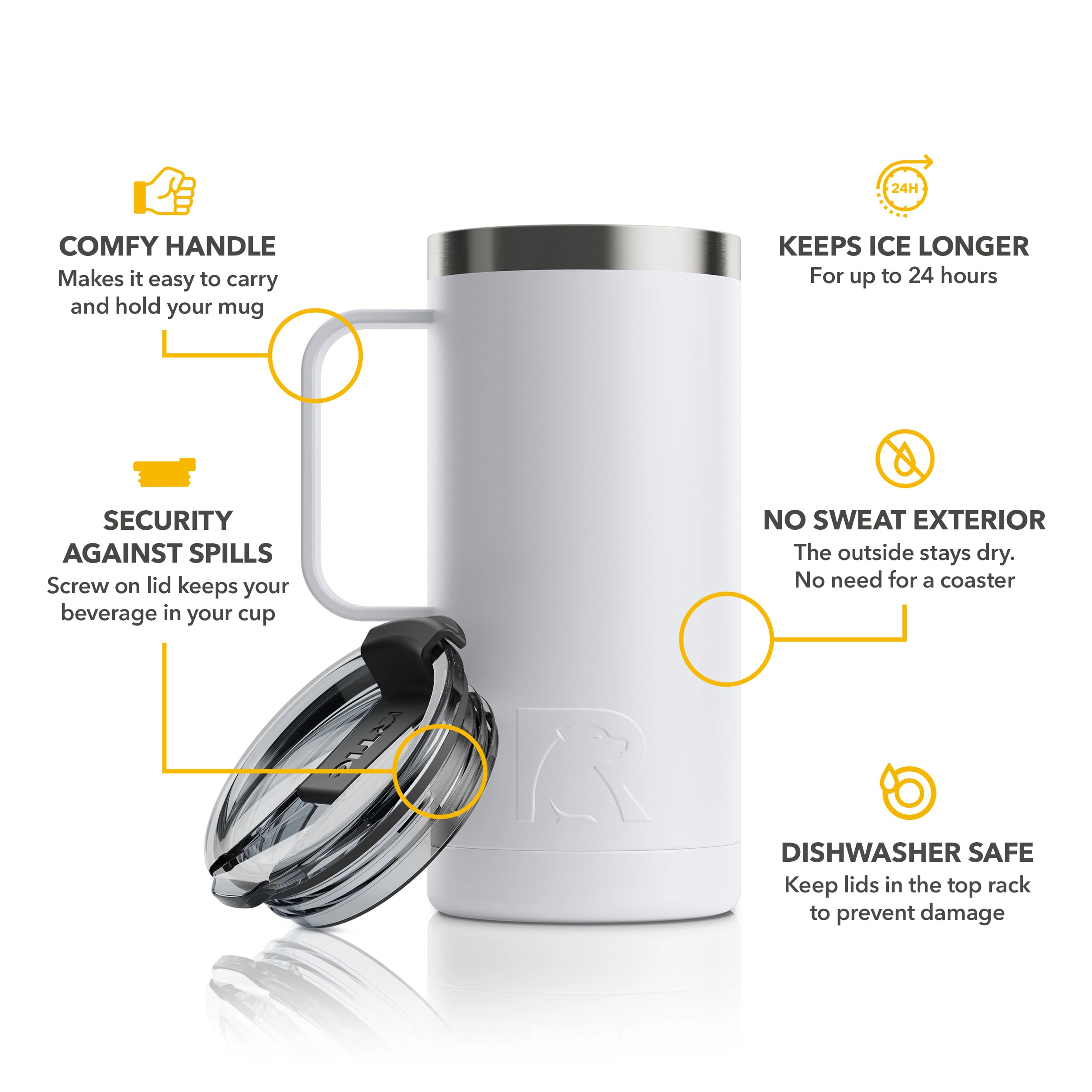 RTIC 20oz Coffee Travel Mug with Lid and Handle, Stainless Steel Vacuum-Insulated, Hot and Cold Drink, for Car, Camping, Chalk