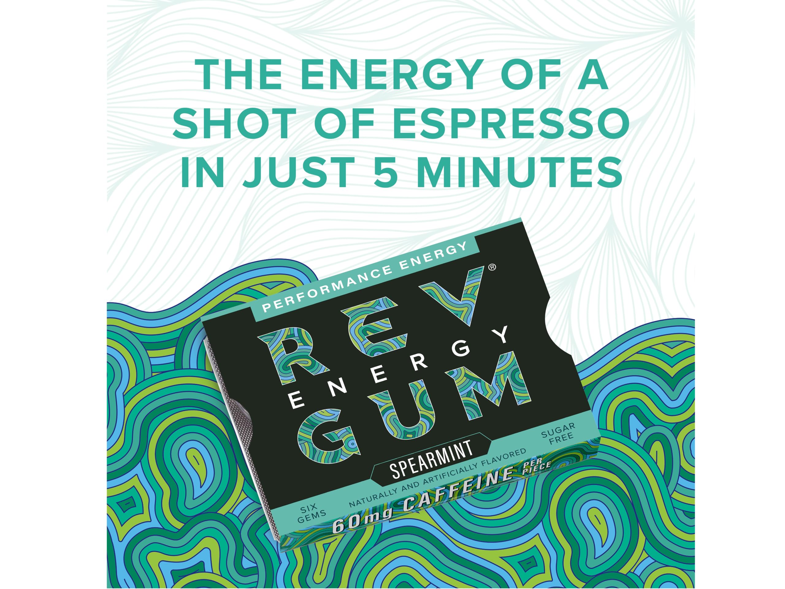 Rev Gum Caffeine Energy Gum | Performance Energy 60mg of Caffeine per Gem | Spearmint Sugar Free Caffeinated Mint Chewing Gum - Low Calorie Chews to Help You Stay Alert, Awake and Focused - 12 Packs (72 Count)