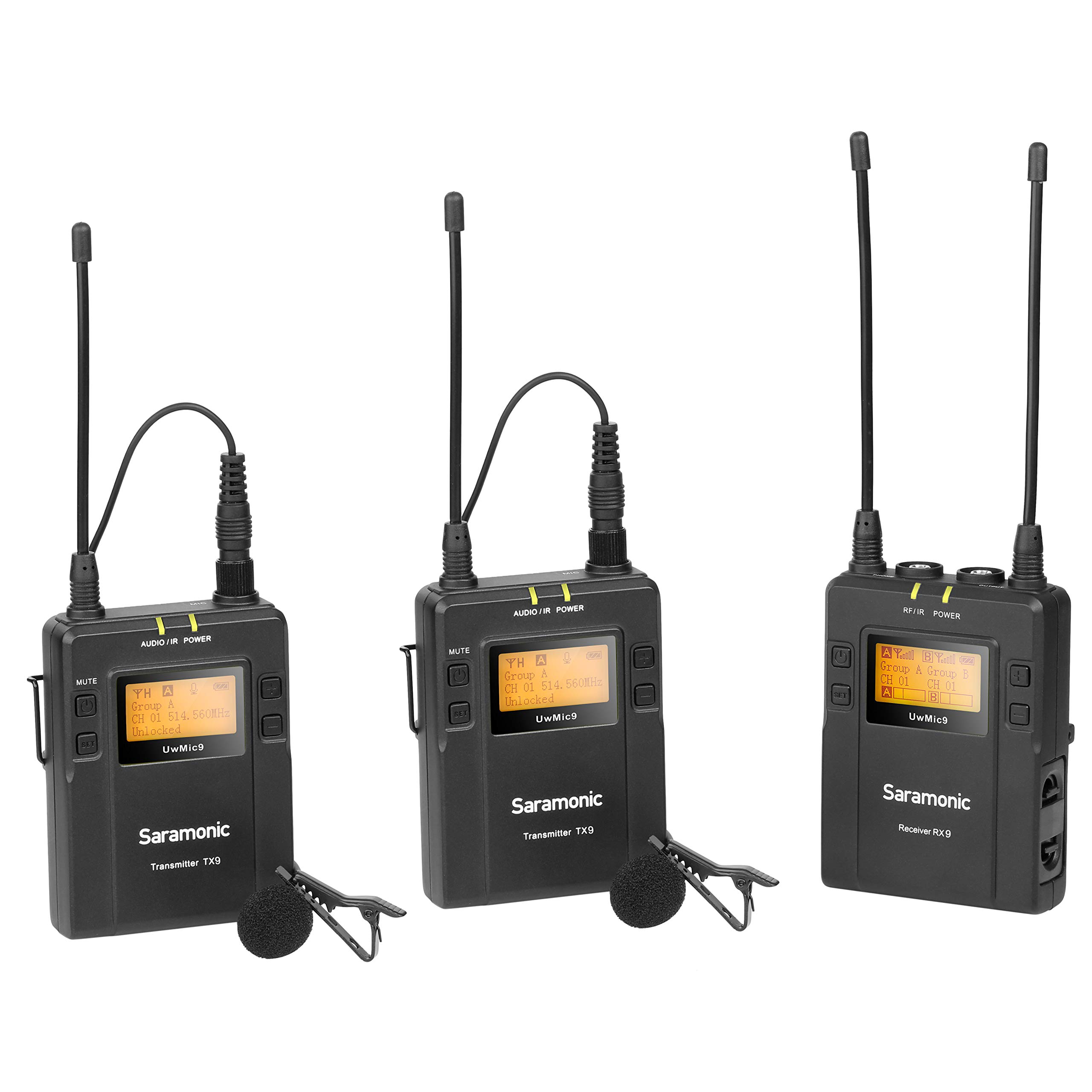Saramonic UwMIC9 96-Channel Digital UHF Wireless Dual Lavalier Microphone System, Includes 2x TX9 Bodypack Transmitter and RX9 Portable Receiver
