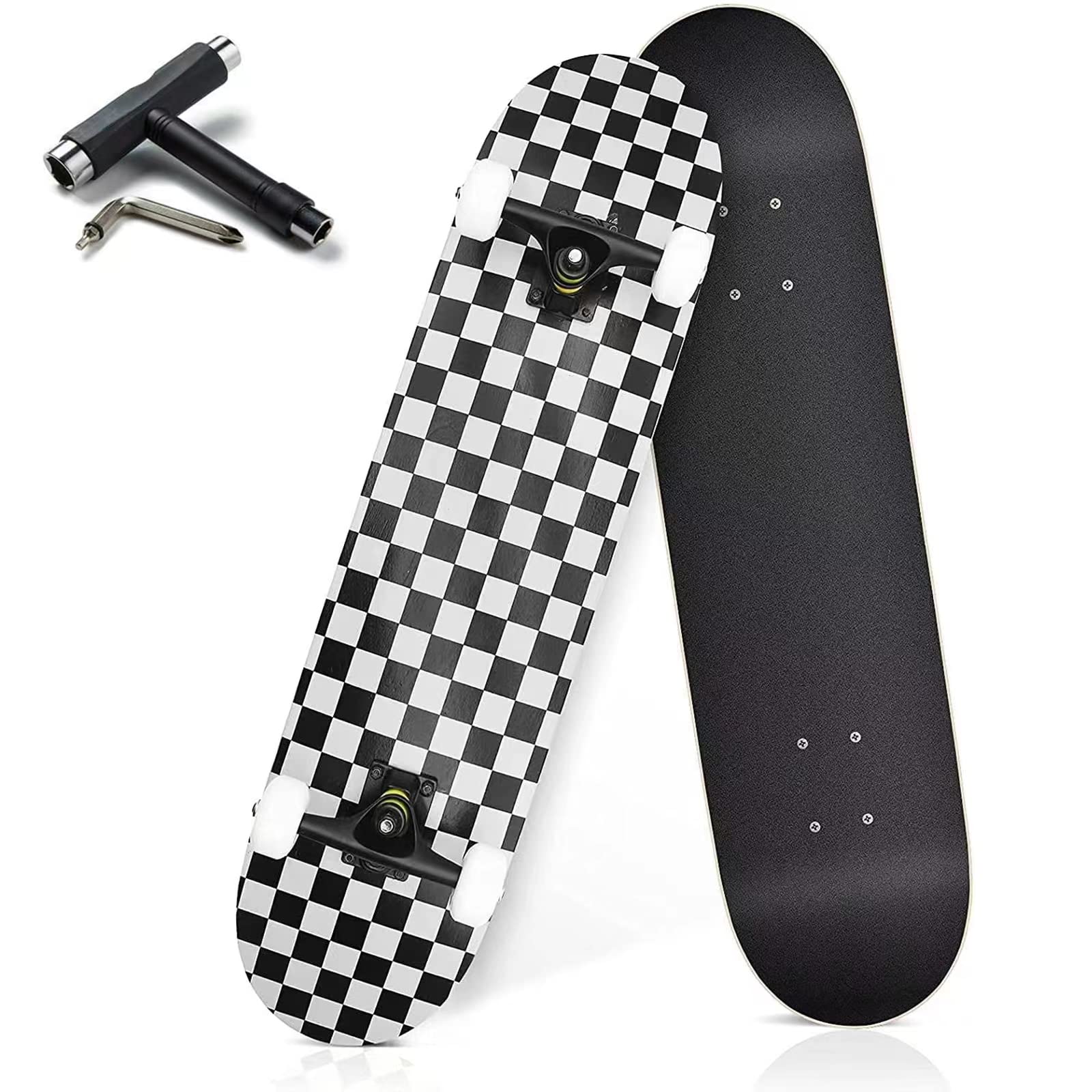 Skateboards for Beginners, 31 Inch Complete Skateboard for Kids Teens Adults, 7 Layer Canadian Maple Double Kick Deck Concave Cruiser Trick Skateboard