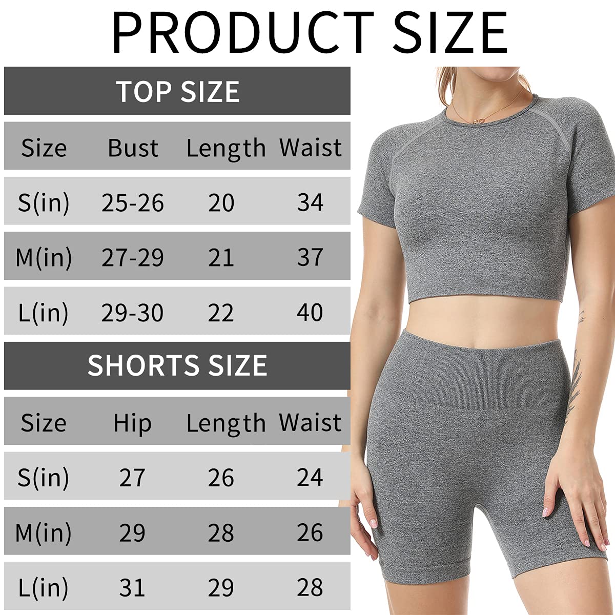 YR.Lover Women Seamless Yoga Workout Set 2 Piece High Waisted Outfits Sets Crop Tops Exercise Shorts Tracksuits Grey