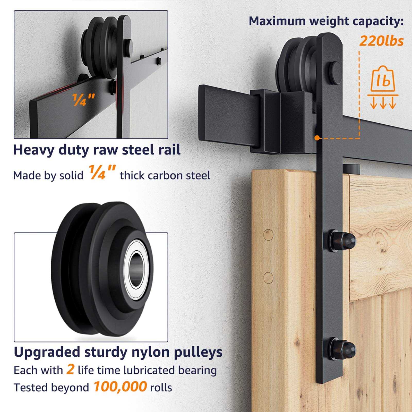 SMARTSTANDARD 6.6FT Barn Door Hardware kit, Barn Door Track, Sliding Door Hardware kit, Smoothly and Quietly -Heavy Duty Sturdy -Easy to install, Fit 36"-40" Wide Panel (I Shape Hanger)