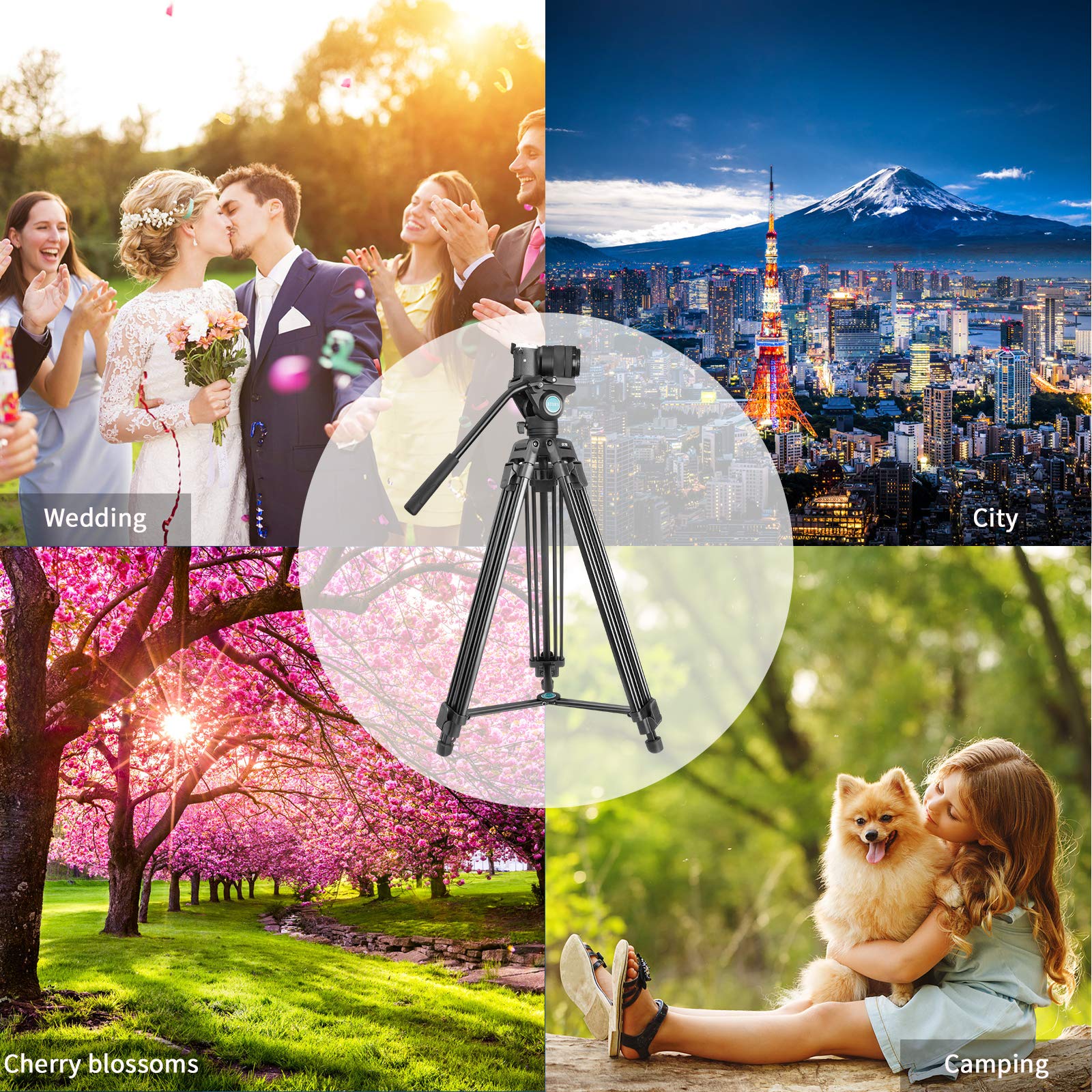 Tripod for Professional Cameras, HTURS 67 Inch Heavy Duty Tripod, with 360 Degree Fluid Head & Mid-Level Spreader, Complete Tripod Units with Travel Bag, 22LB Load Capacity