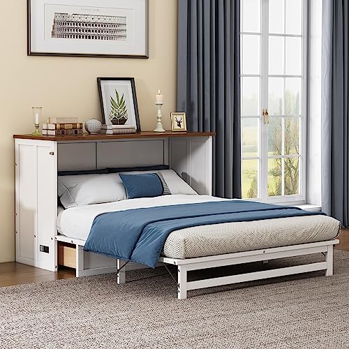 Queen Size Solid Pine Murphy Bed Chest with Charging Station and Large Storage Drawe,Folding Feature Perfect for Home Office or Small Room.