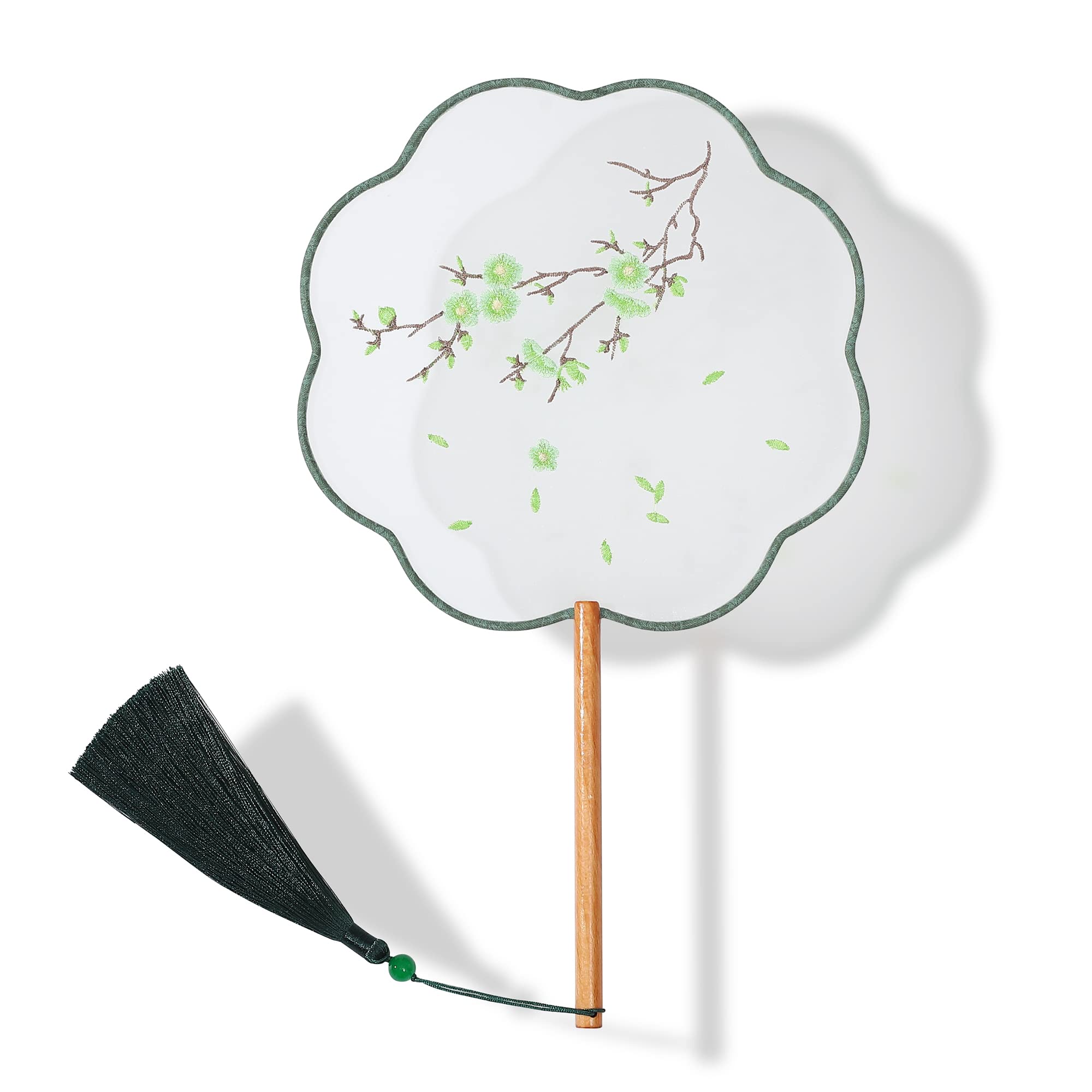 YUELAI Translucent Silk Embroidered Hand Held Fan, Chinese Round Fan, Ancient Hand Fan,Traditional Palace Paddle Dance Fan, Vintage Double-Sided Pattern Fan(Green Plum Blossom)