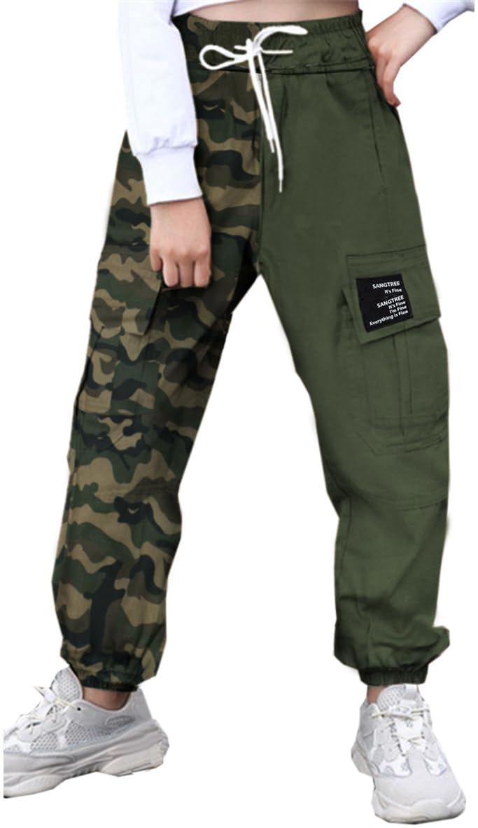 SANGTREE Women's Cargo Pants Elastic Waist Drawstring Tapered Jogger Pants with Pockets for Women,Camo,L