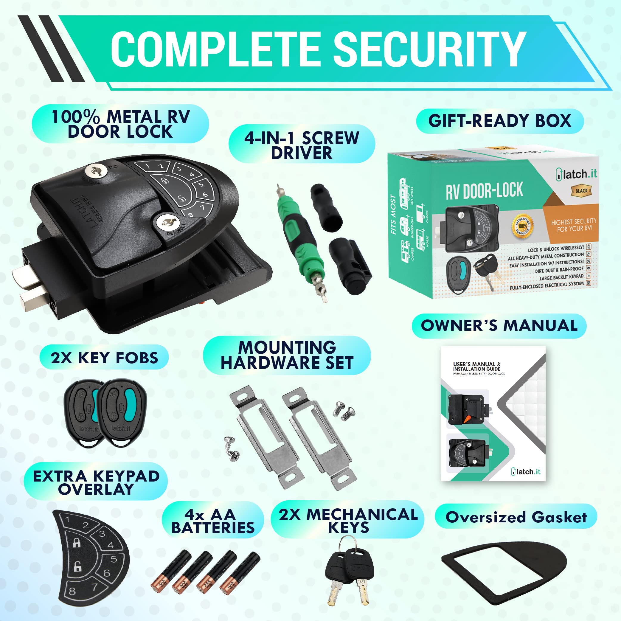 RV Keyless Entry Door Lock | LATCH.IT RV Door Lock Keyless Entry | All Metal Keyless RV Door Lock | Keyless Locks w/ 2 Fobs | Sealed Electricals Unlike Competition! | Only Fits 2.75" x 3.75" Lock Hole