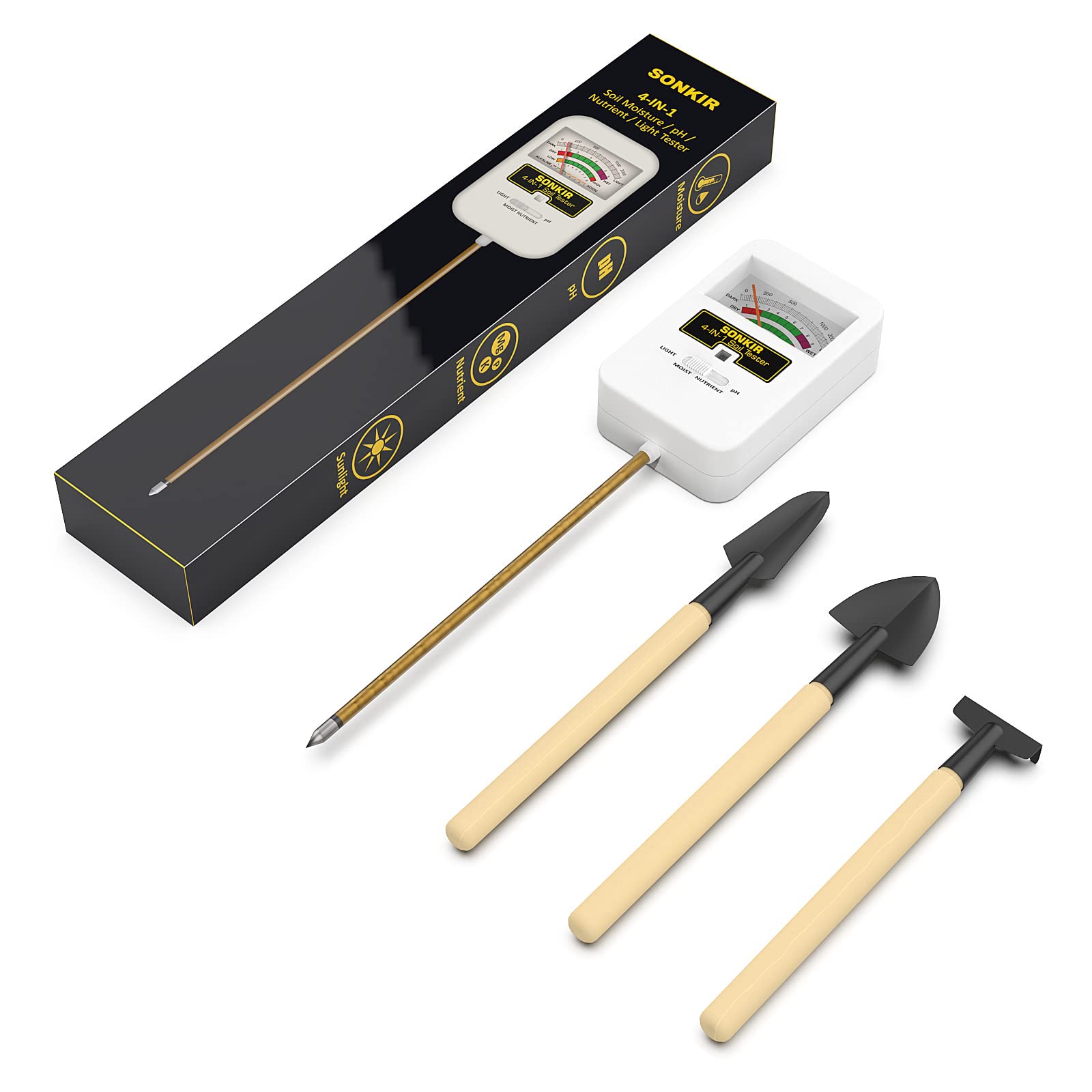 Sonkir Soil Moisture Meter, 4-in-1 Soil Ph Meter, Soil Tester for Nutrients, Moisture, PH and Light, Soil Ph Test Kits for Plant, Great for Garden, Lawn, Indoor & Outdoor Use (No Battery Required)