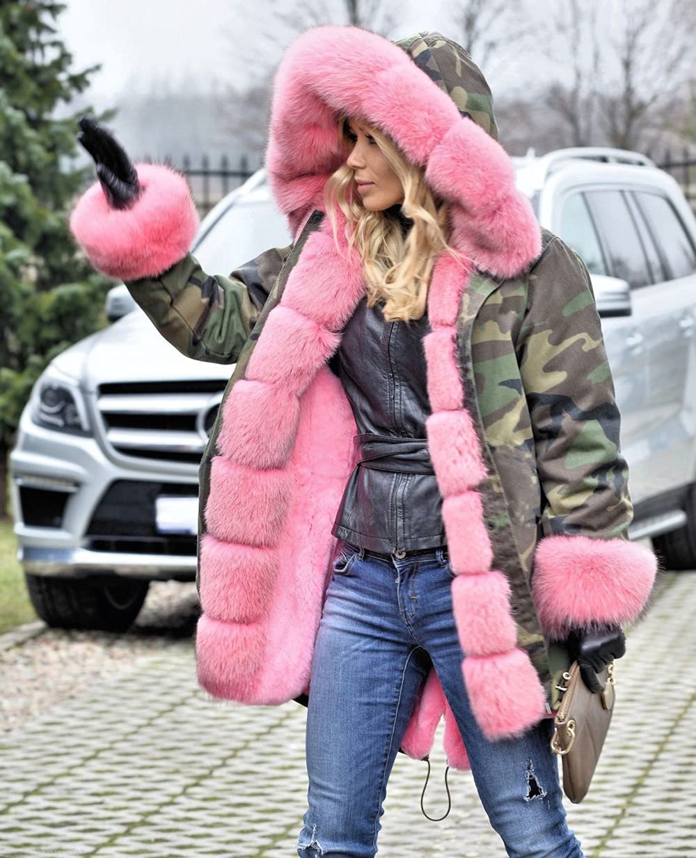 Roiii Womens Hooded Camouflage Warm Winter Coats Faux Fur Jacket Parka Overcoat(Medium,Pink)
