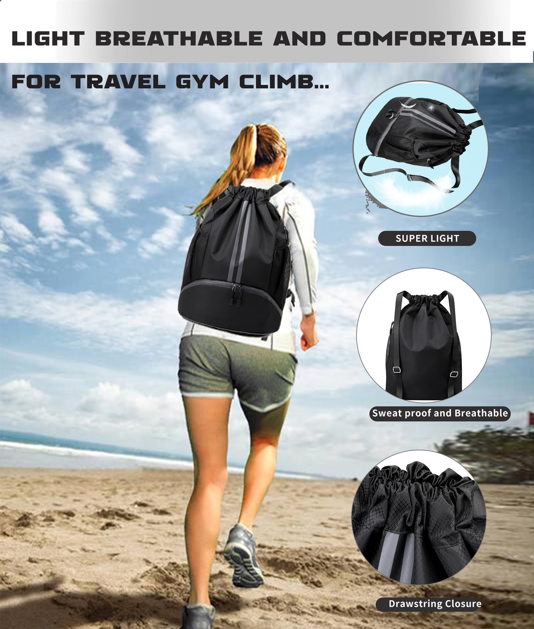SENIKO Drawstring Backpack,String Swim Gym Bag with Shoes Compartment and Wet Proof Pocket for Women Men Sports Travel (Black)