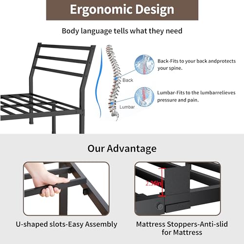 ROIL Queen Size Metal Bed Frame with Headboard, 14inch Black Heavy Duty Platform with Steel Slats Support and Mattress Stoppers, 3500LBS No Box Spring Needed, Easy Assembly Noise-Free