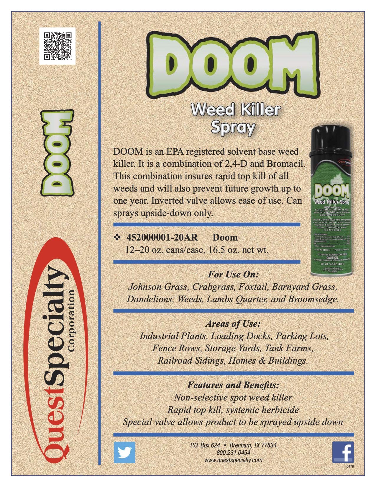 Quest Specialty Doom - 2,4-D Solvent-Based Weed Killer, Case of 12 (20 oz) Cans (4520)