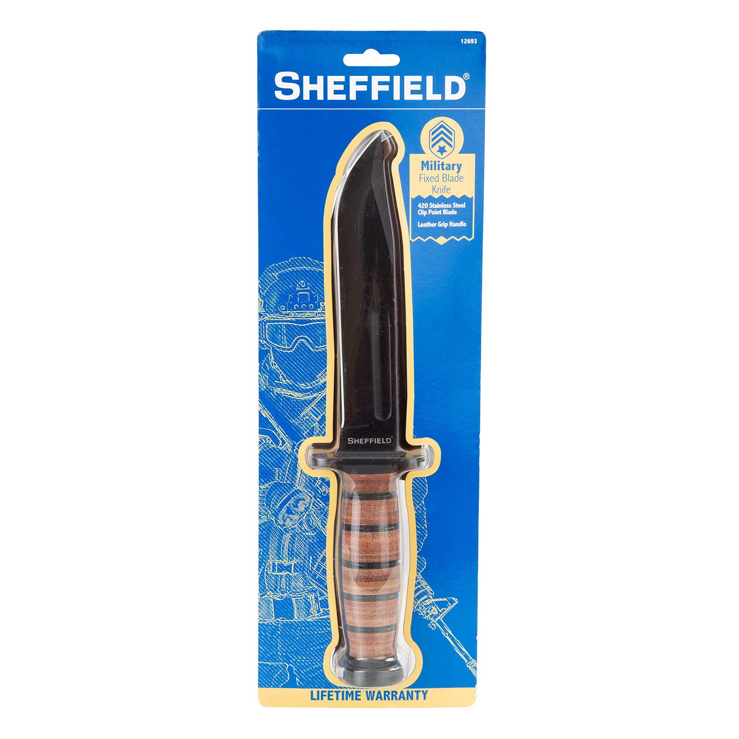 Sheffield 12693 Military Gear Fixed Blade Knife, 7 Inch Clip Point Full Tang Knife, 5 Inch Stacked Leather Handle, Fixed Blade Knife with Sheath