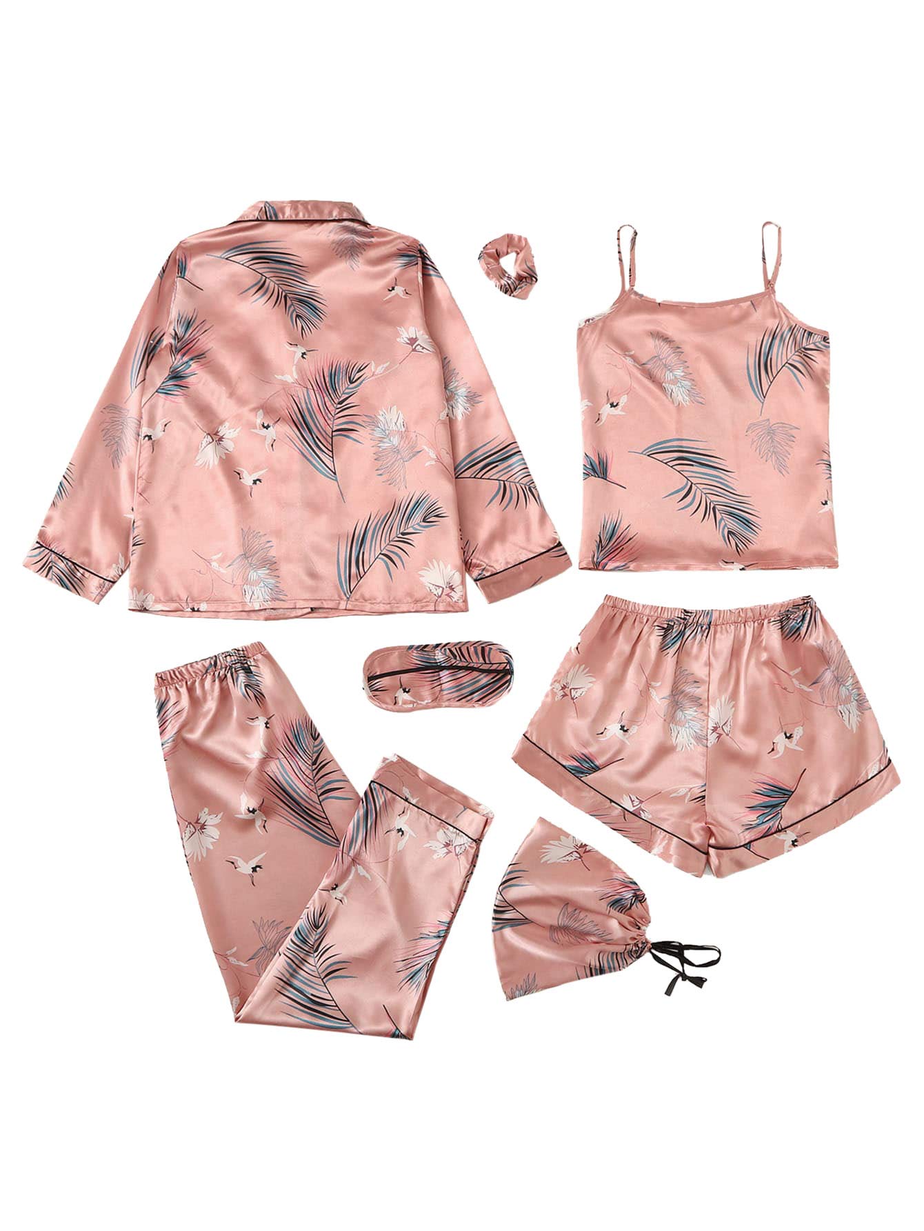 SheIn Women's 7pcs Pajama Set Cami Pjs with Shirt and Eye Mask Pink Crane Small