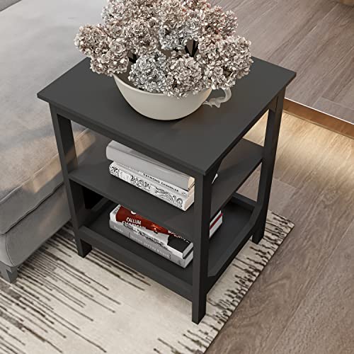 TaoHFE Black Side Table 3-Tier Narrow,Black End Table with Storage Shelves,Black Side Tables Living Room Small Bedside Stand,Wooden Nightstand,Corner Shelf,End Table for Small Spaces Bedroom Office
