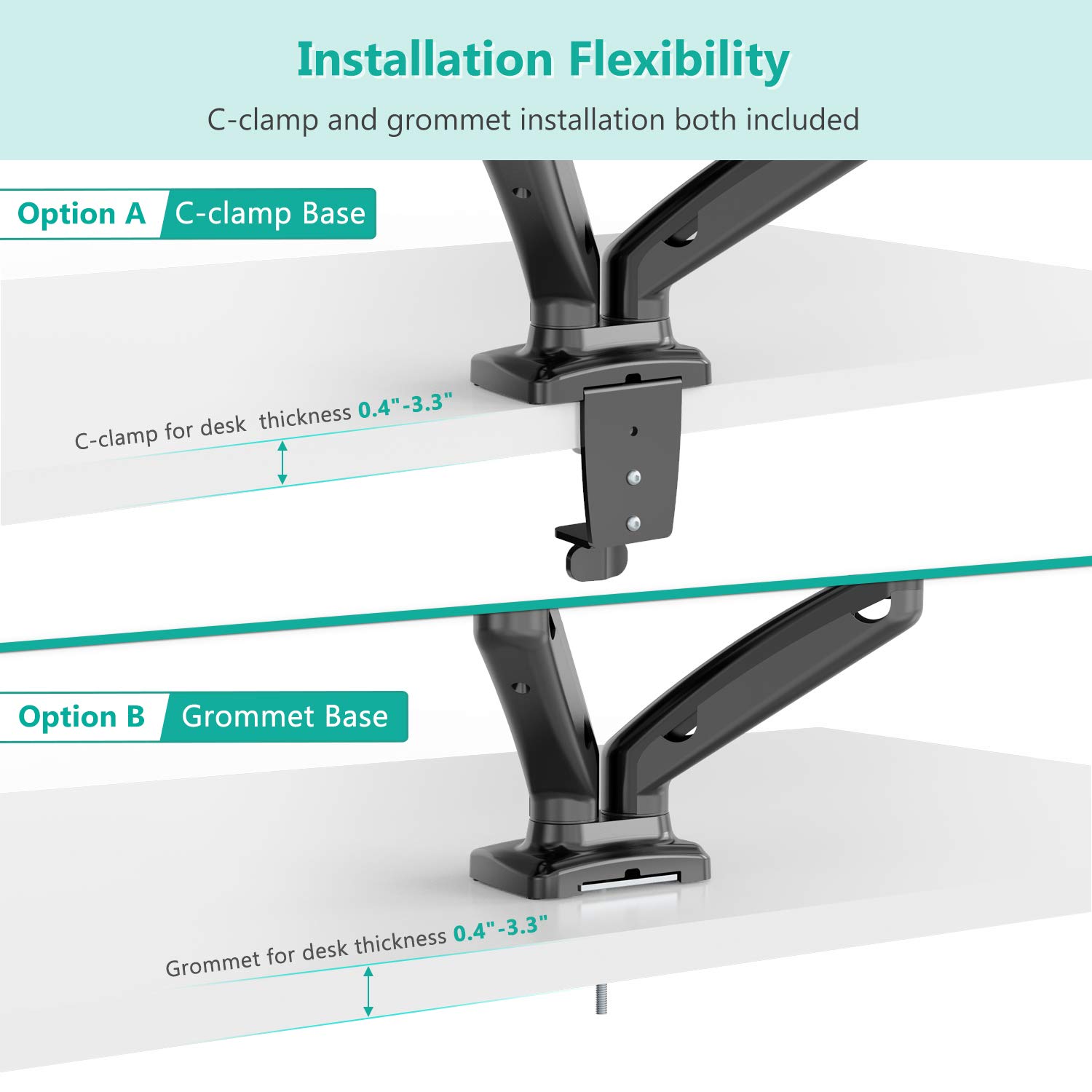 WALI Dual Monitor Stand Arms Mounts, for 2 Monitors, Fully Adjustable Gas Spring Desk Mount Swivel Mounting Holes Bracket with C Clamp, Grommet Base for Display Up to 32 Inch,19.8lbs. (GSMP002), Black