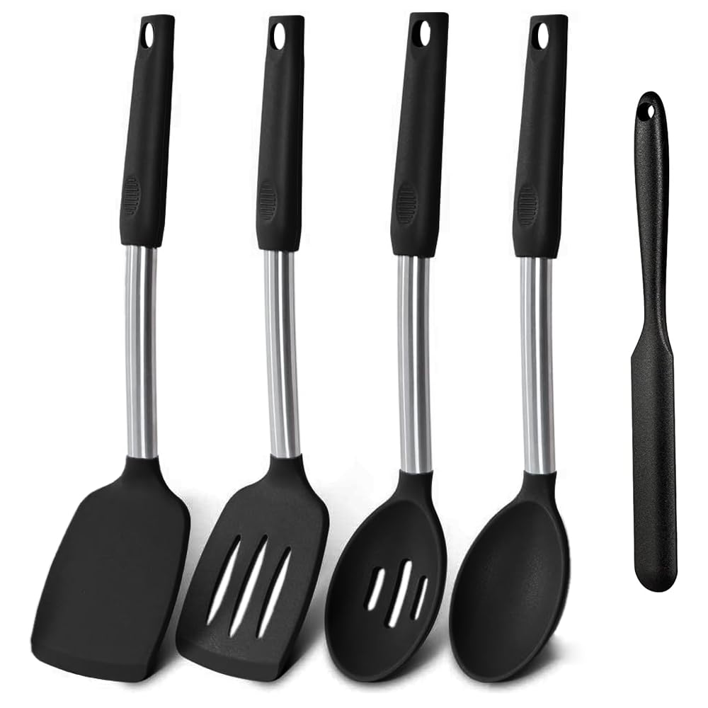 Silicone Cooking Spatulas and Spoons, 5 Pack Heat Resistant Solid & Slotted Silicone Cooking Utensils Set, Non Stick Large Kitchen Silicone Spatula and Spoons for Cooking, Mixing, Serving, Draining