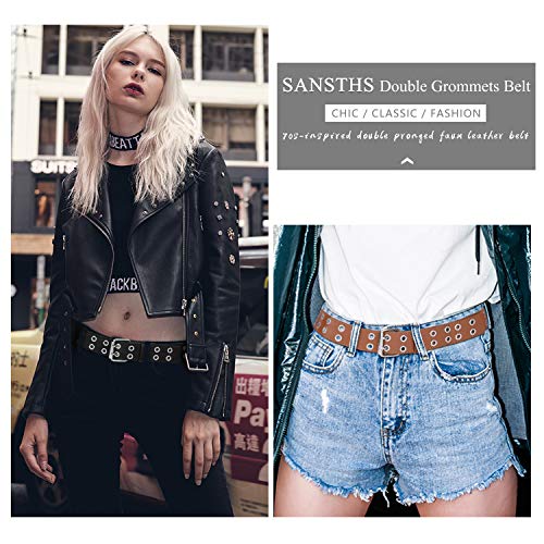 SANSTHS Double Grommet PU Leather Belt for Women Men Punk Rock Metal Jeans Belts 1 1/2 inch, Black S