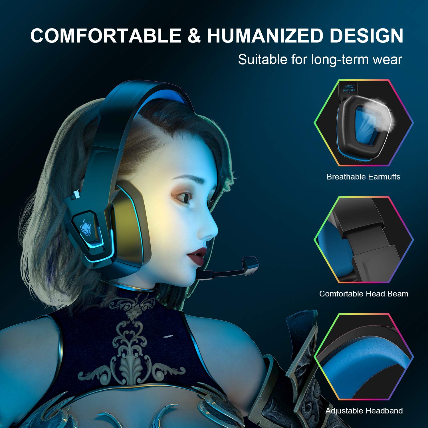 YOTMS Stereo Gaming Headset for PC PS4 PC PS5 Controller, Noise Cancelling Over Ear Headphones with Mic, LED Light, Bass Surround, Soft Memory Earmuffs for Laptop Mac (Blue)