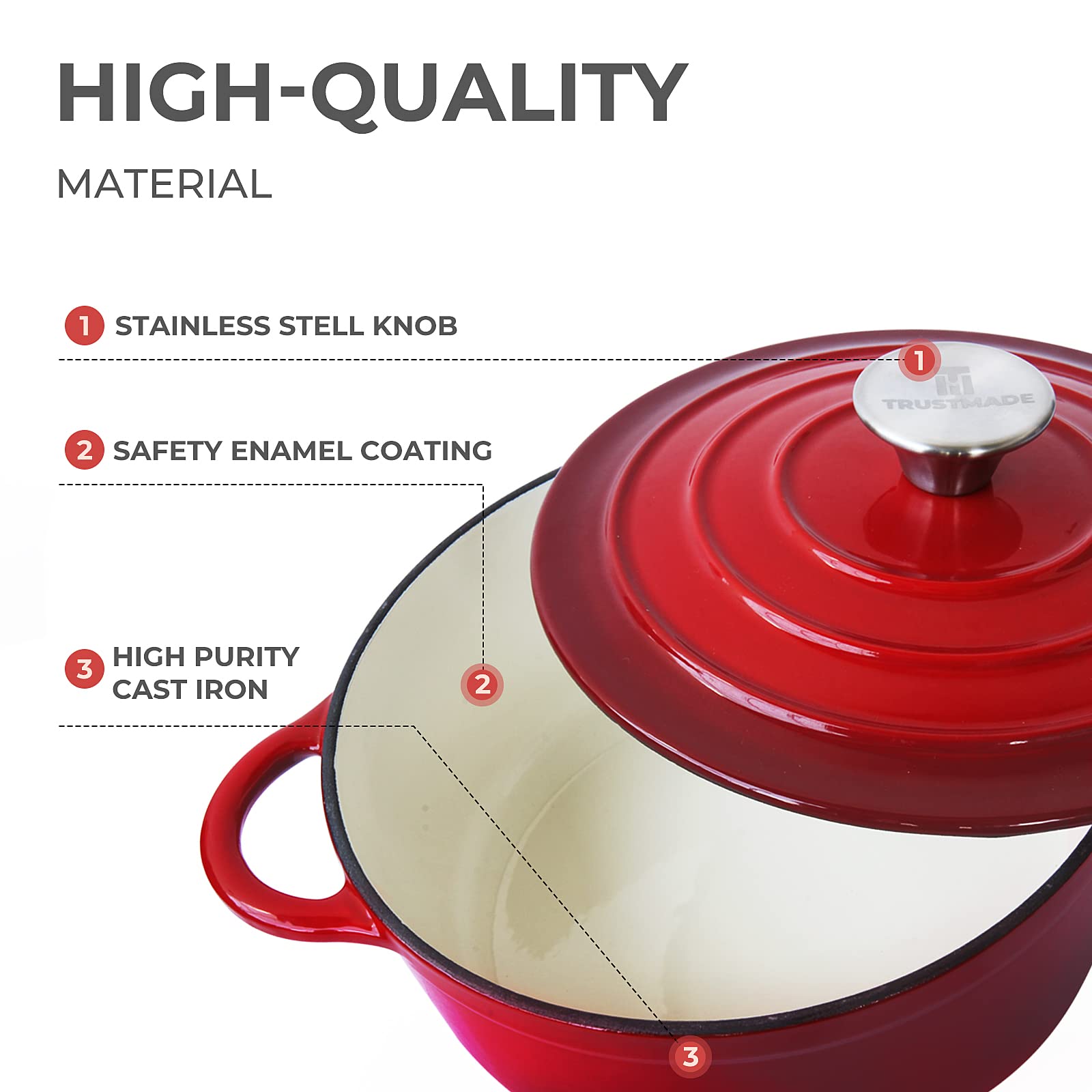 Trustmade 4.5 QT Cast Iron Dutch Oven, Enamel Coated Cookware Pot with Self Basting Lid for Home Baking, Braiser, Cooking, Red