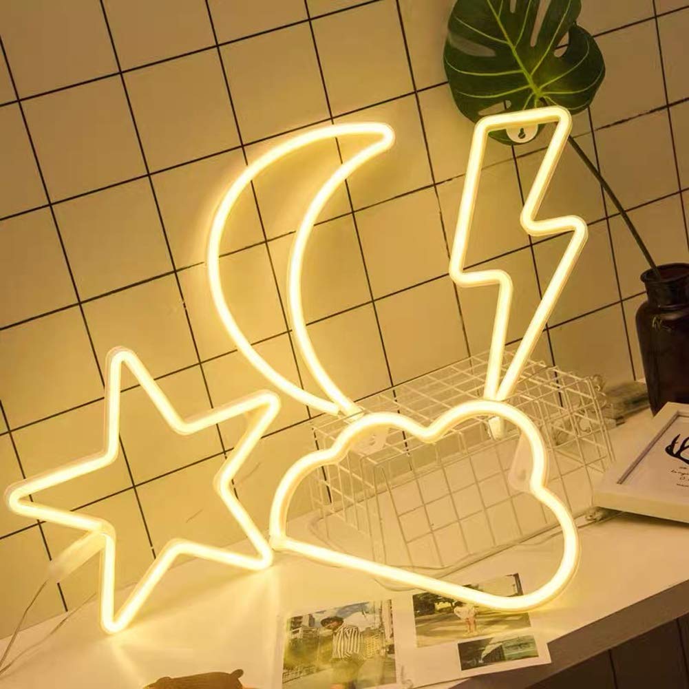 Star Moon and Cloud Neon Night Sign Decorative LED Light Art Wall Decor for Bar Bedroom Birthday Party Decor Powered by Battery/USB (Warm White)