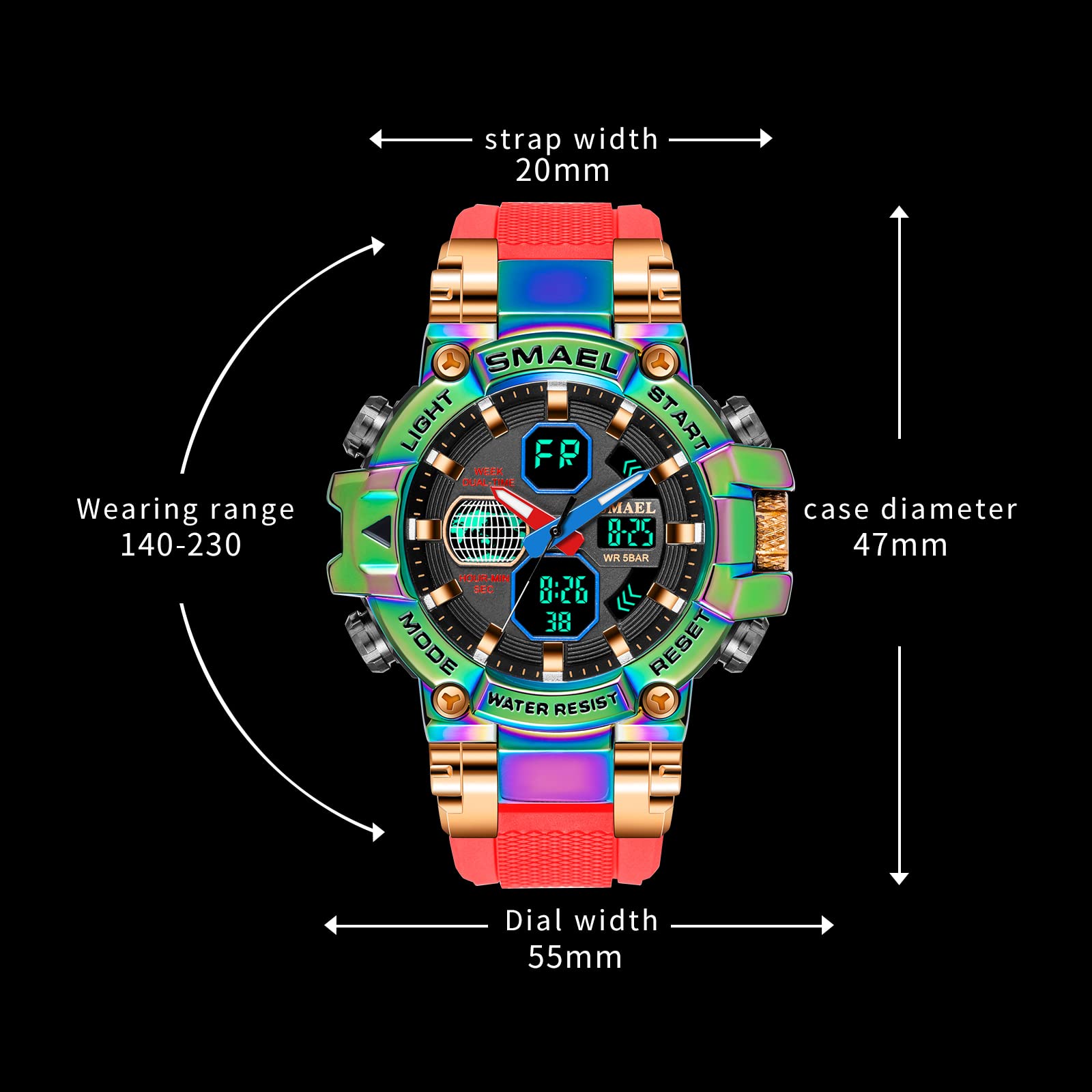 SMAEL Watch 8027 Water Resistant Alloy Watch Sport Analog Digital Quartz Watch Colorful Case (Red)
