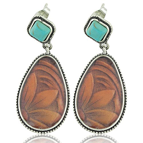 Soul Statement Women's Country Earrings Flower Turquoise Western Dangle (Wood Flower Print)