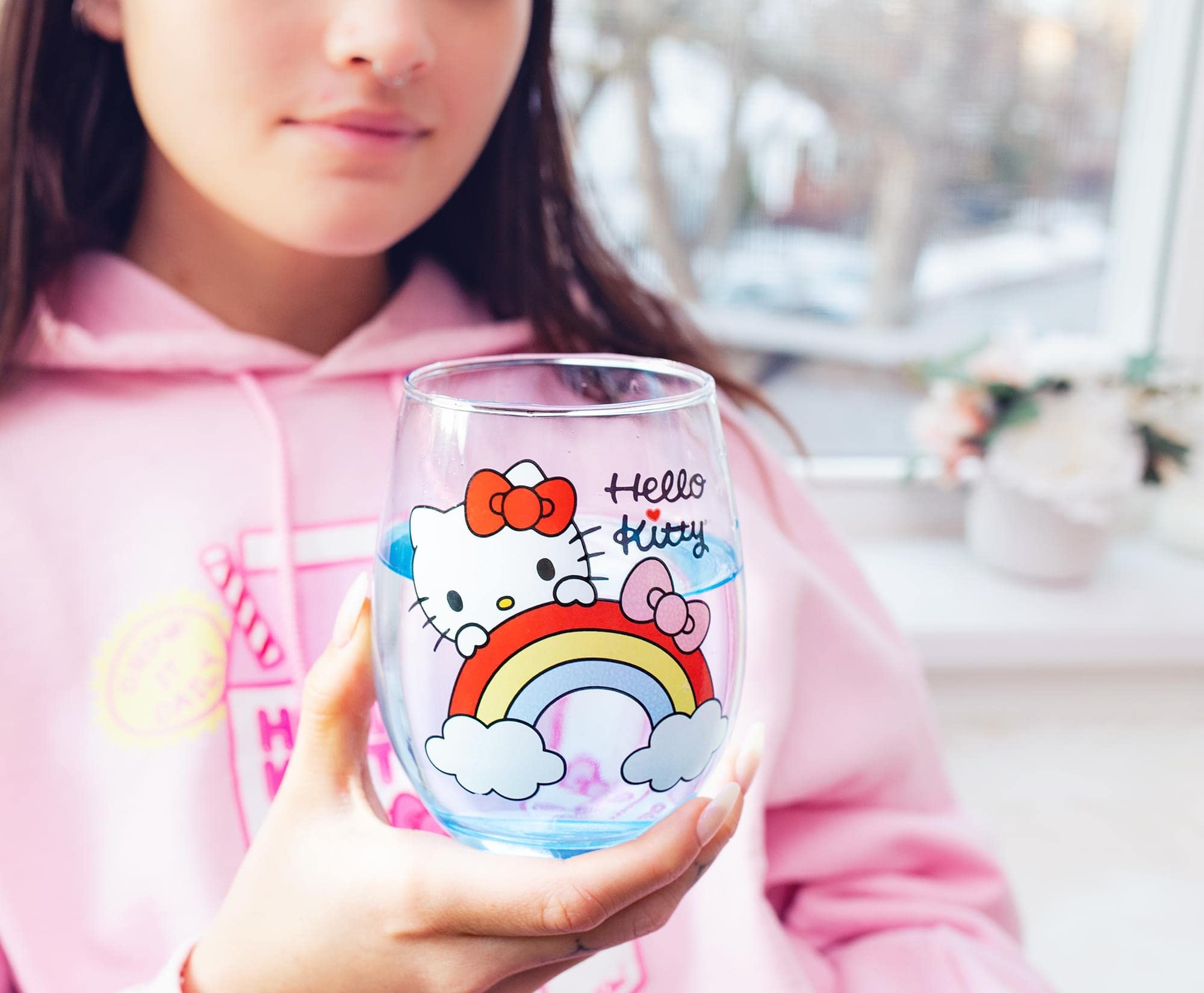 Toynk Sanrio Hello Kitty Rainbow Peek Stemless Wine Glass, Tumbler Cup For Cocktails | Holds 20 Ounces