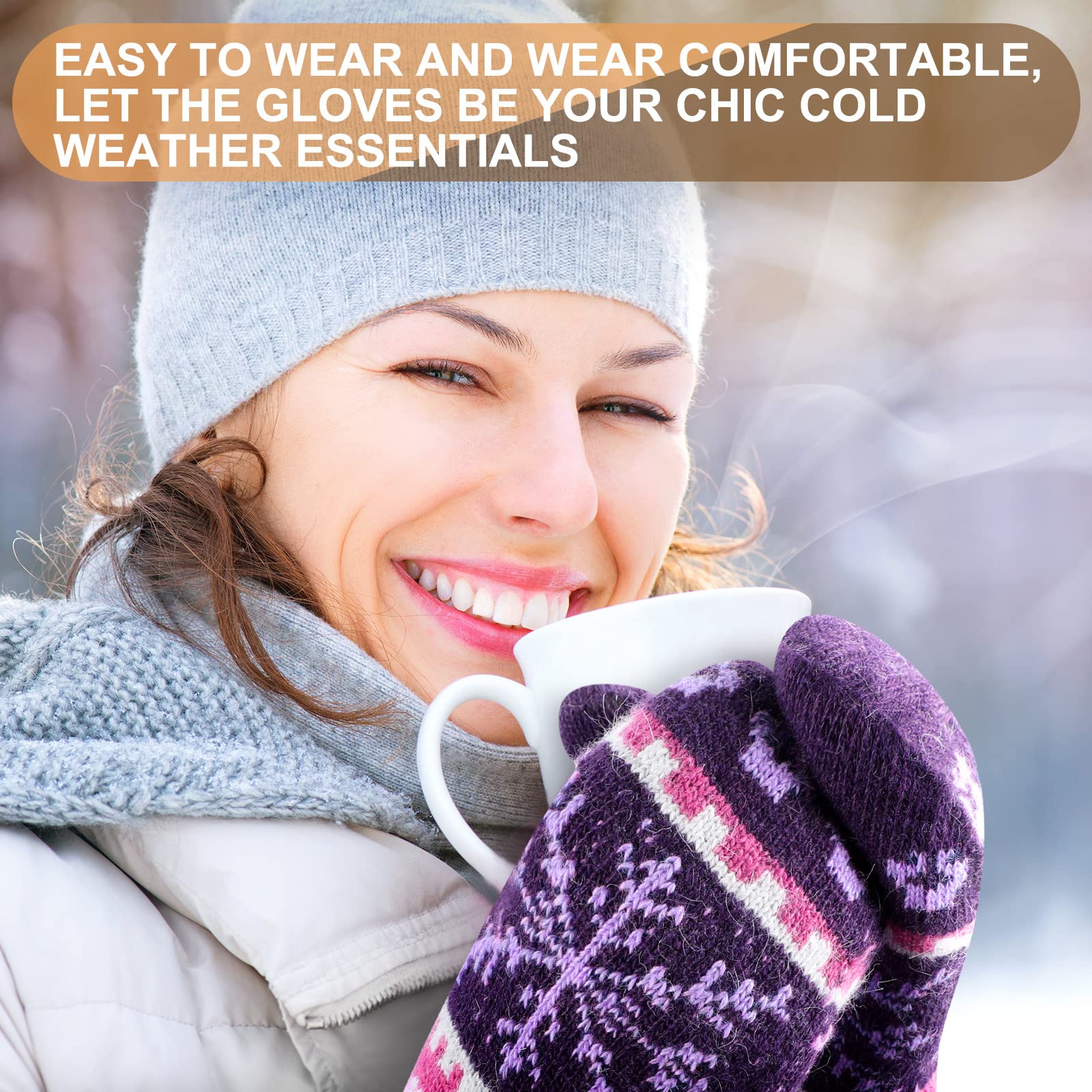 Vicenpal 3 Pairs Women's Winter Gloves Warm Lining Mittens Knit Thick Wool Gloves Knit Mittens for Winter Cold Weather (Purple, Gray, Black)