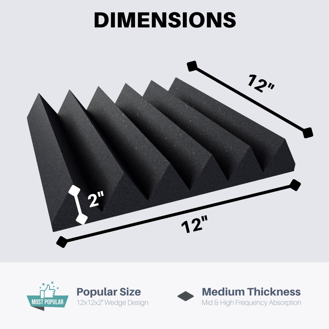Professional Acoustic Foam Panels - Wedge Style 12x12x2β Tiles - 4 Pack - Studio Foam for Sound Dampening - Soundproofing Foam for Walls and Ceilings (Charcoal Color)