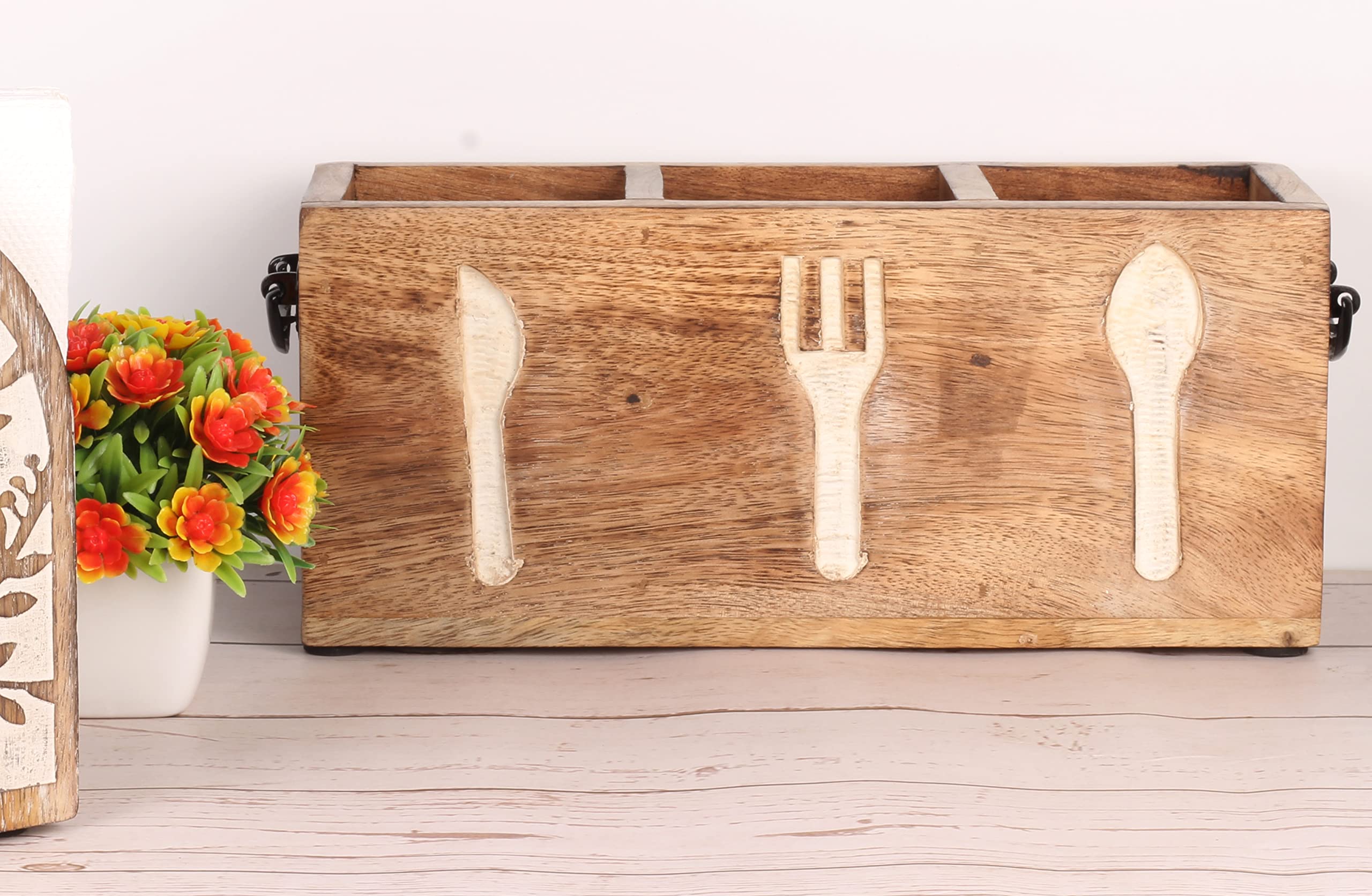 TrendBell Christmas Gift 3-Slot Wooden Utensil Caddy for Kitchen Countertop, Multi-Purpose Wooden Desk Organizer Work Desk, Bathroom, Cutlery Caddy, Office Supplies Organizer – 10.75 X 3.5 X 4 Inches