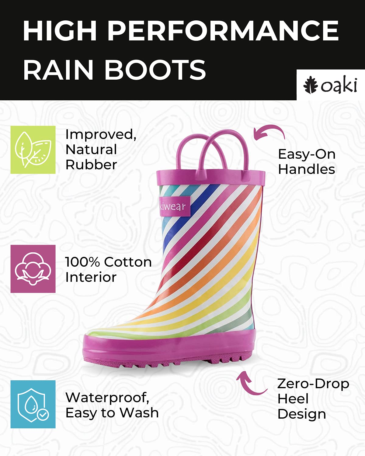 OAKI Kids Rain Boots with Easy-On Handles, Rainbow Stripes, 2Y US Big Kid