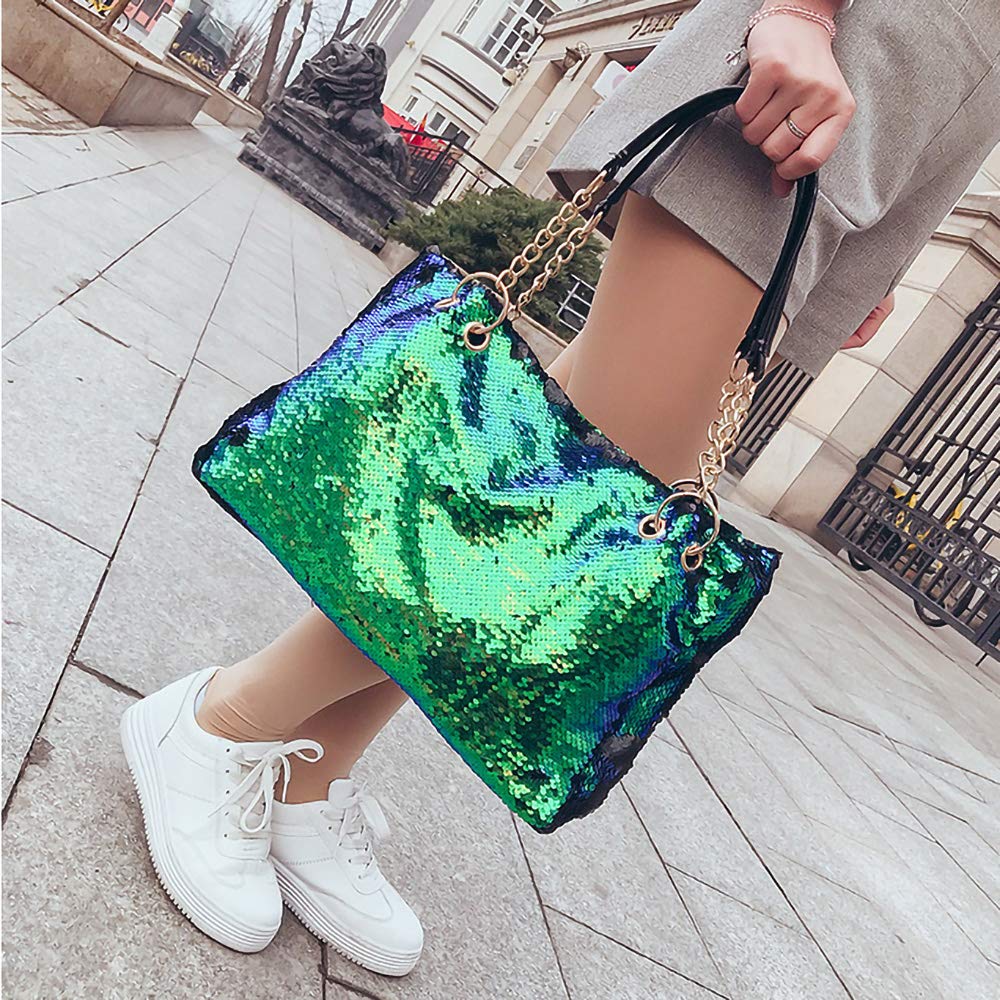QTKJ Fashion Two Tone Reversible Sequin Tote Bag Zipper Shoulder Bag with Chain and Leather Straps (Green)