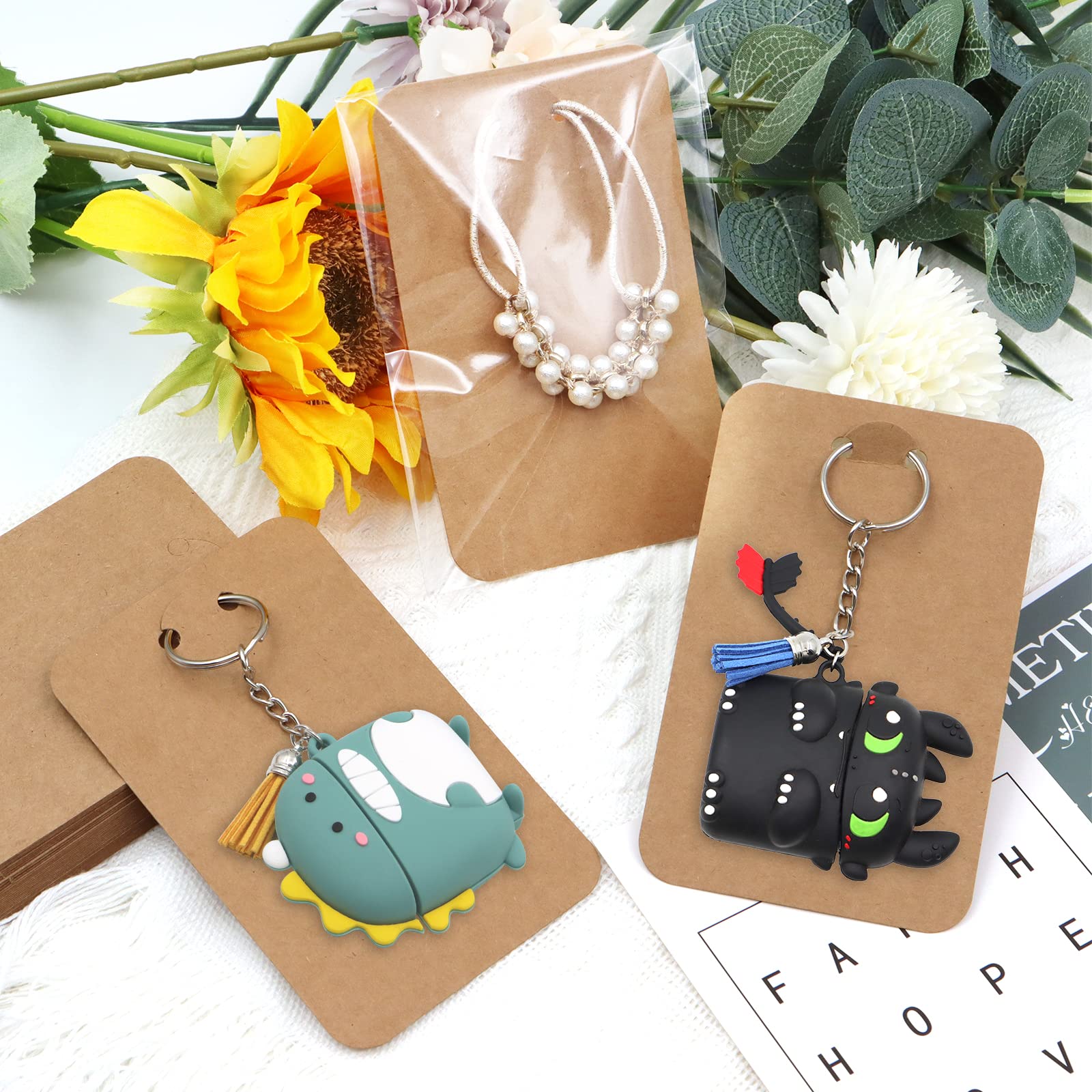 ZYNERY 150 PCS Keychain Display Cards, 3 x 4.7 Inch Keychain Holder with Self-Sealing Bags, Card Display Rack for Displaying Keyring Jewelry Bulk Keychains Packaging Supplies (Kraft)