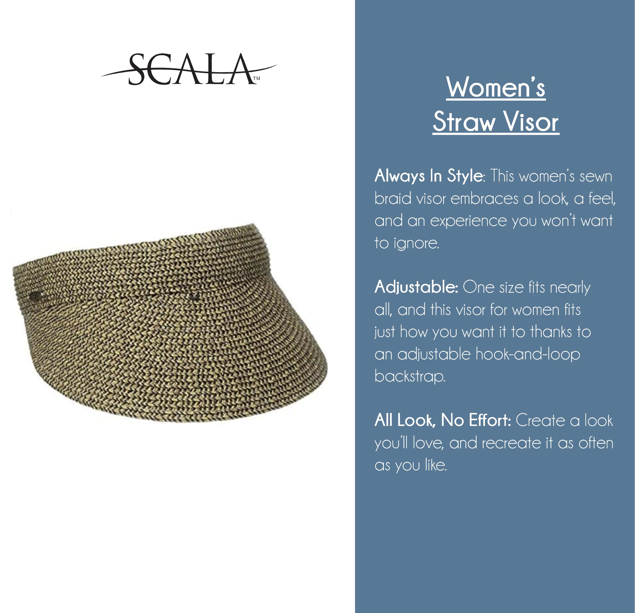 Scala Ladies Sun Visor Wide Brim Straw Boating Hat 3.5” Lightweight Comfortable Straw Visor for a Sunny Day