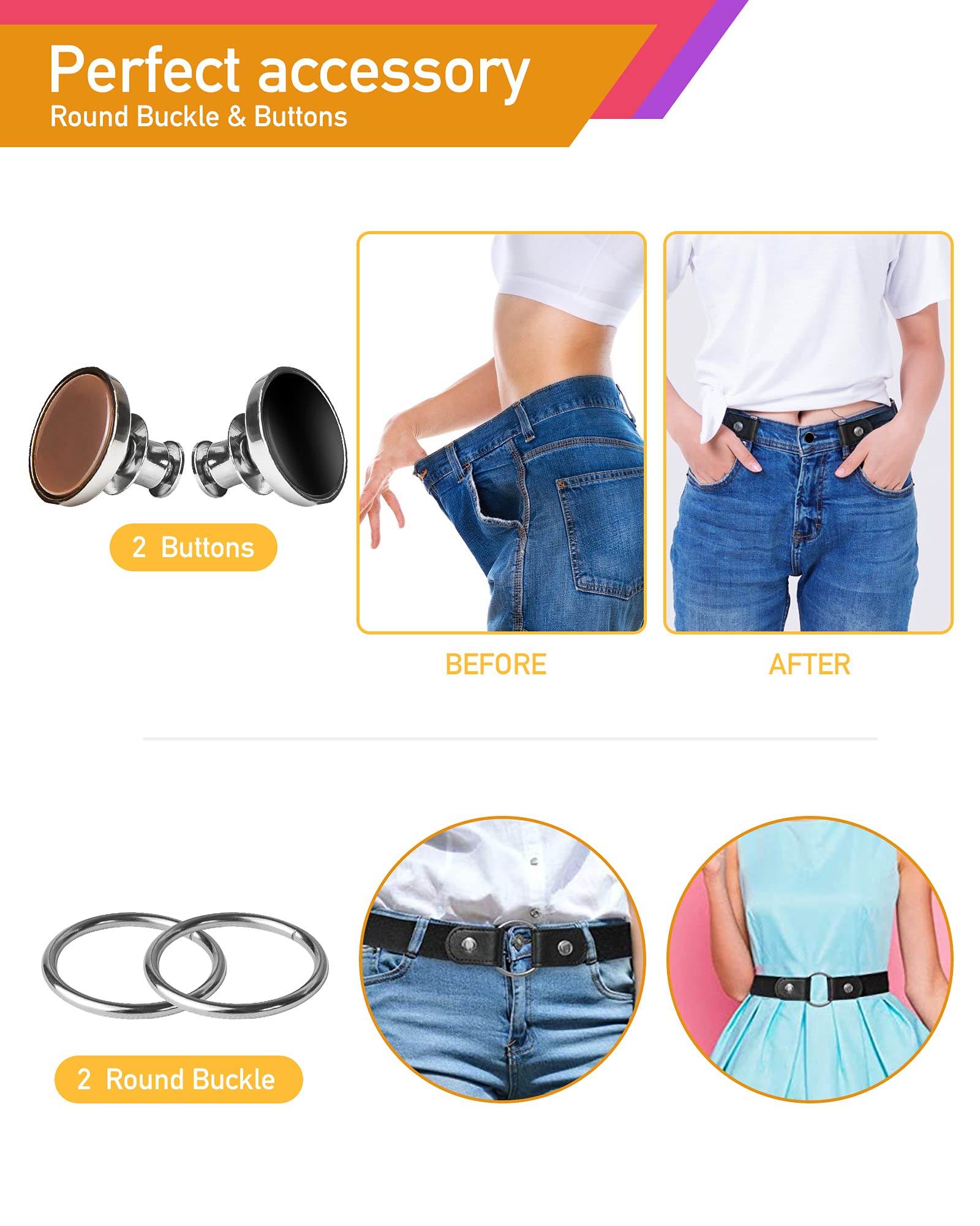 YUNDUOJIA No Buckle Comfortable Elastic Stretch Belts for Womens, Black Elastic Waist Adjustable Invisible Belts for Jeans Pants(2 Sets)
