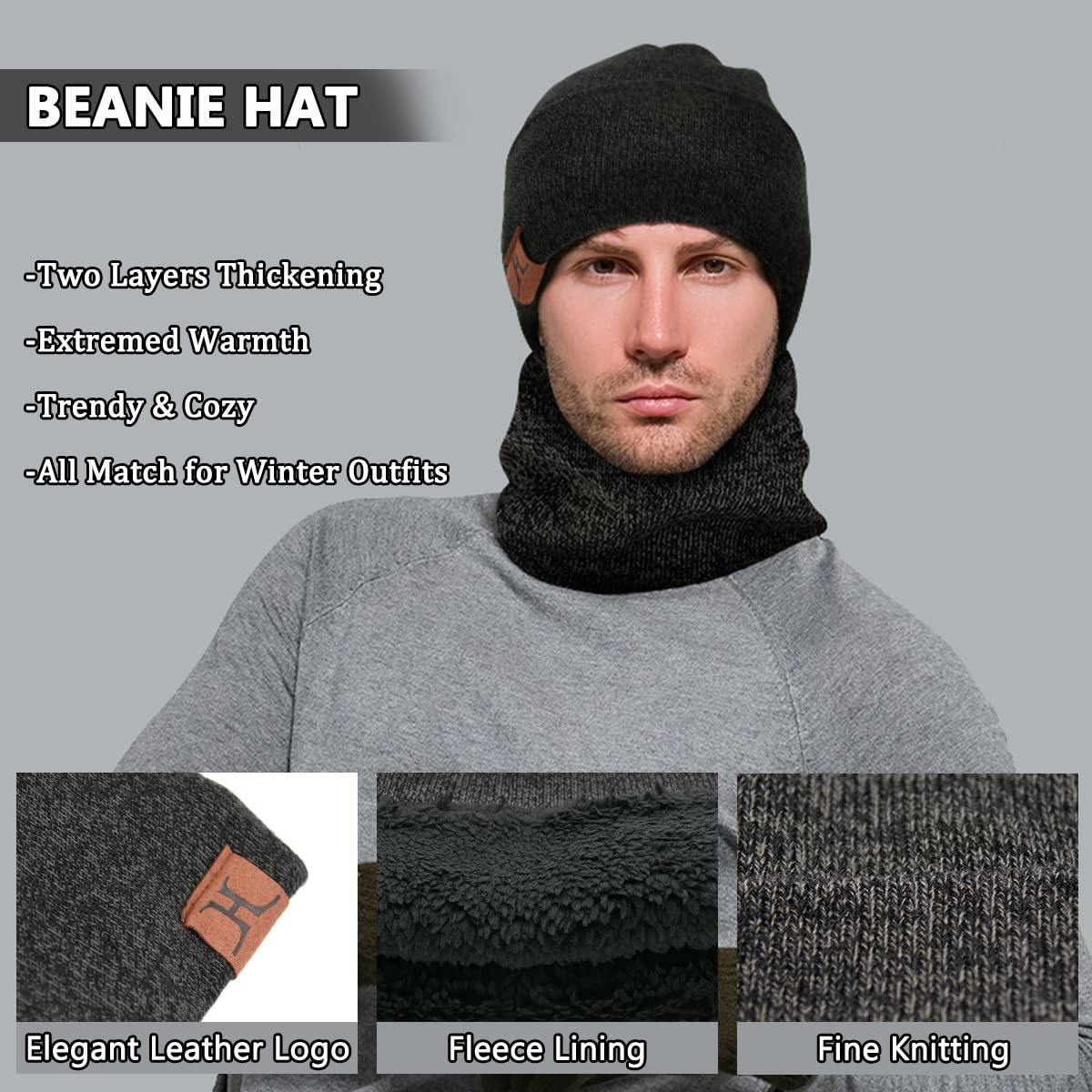 Winter Knit Beanie Hat Gloves and Scarf Set, Fleece Lined Skull Cap Warm Sccarf Touch Screen Gloves for Man Women (Dark Grey)