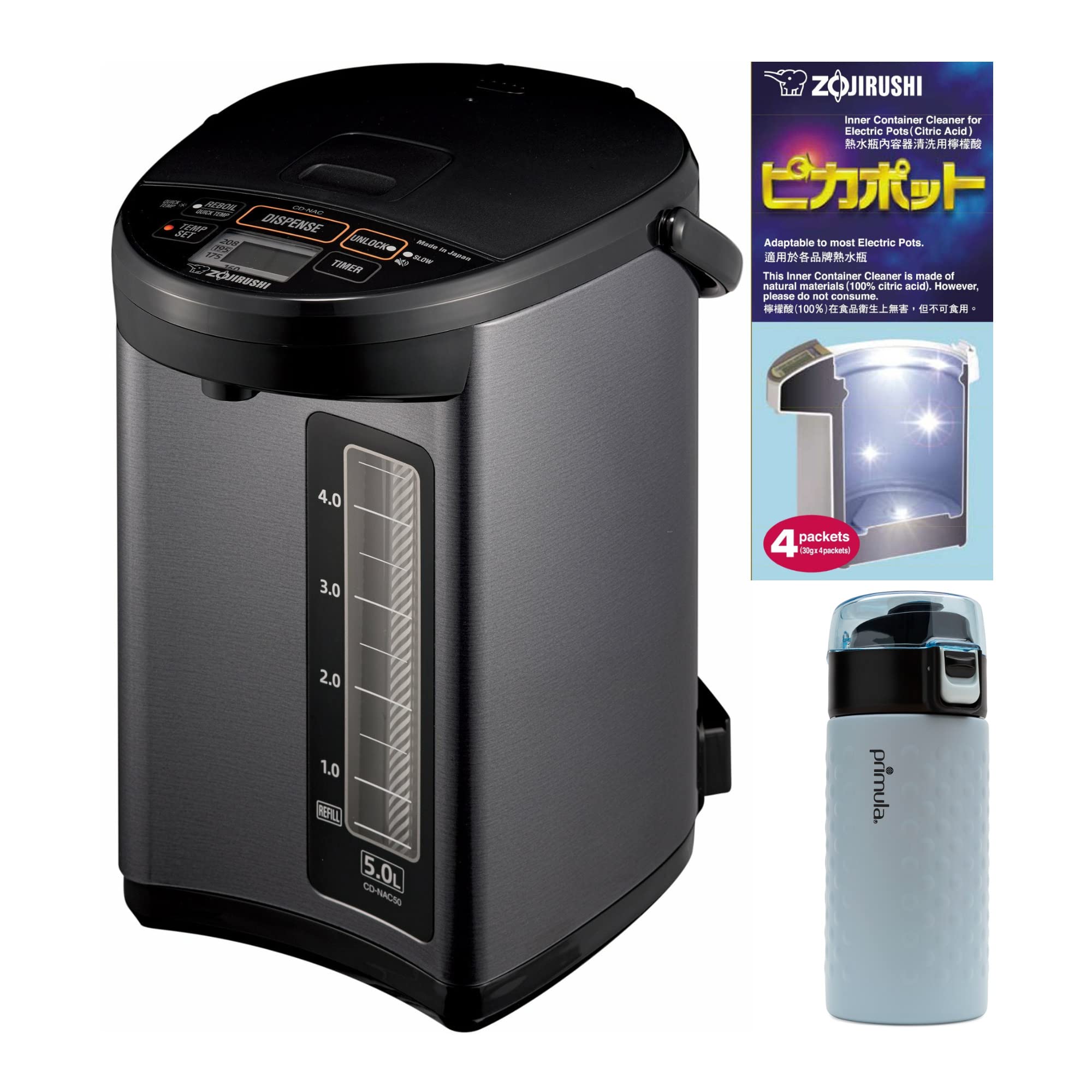 Zojirushi CD-NAC50BM Micom Water Boiler (5-Liter, Metallic Black) Bundle with Inner Container Cleaner and Stainless Steel Tumbler (3 Items)