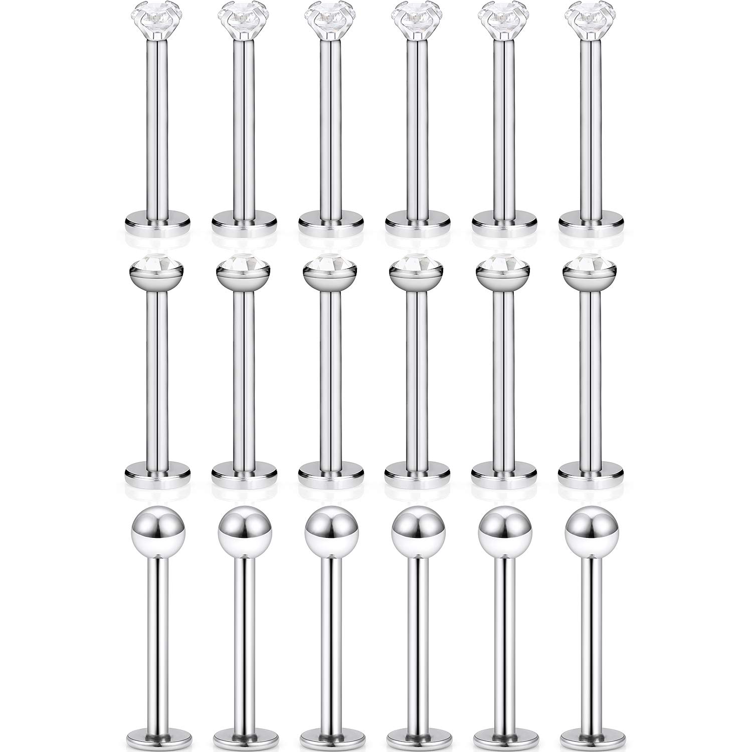 SCERRING 18PCS 16g Stainless Steel Clear Cubic Zirconia Labret Monroe Lip Tragus Cartilage Helix Earring Ring Body Piercing Jewelry 10mm - Silver