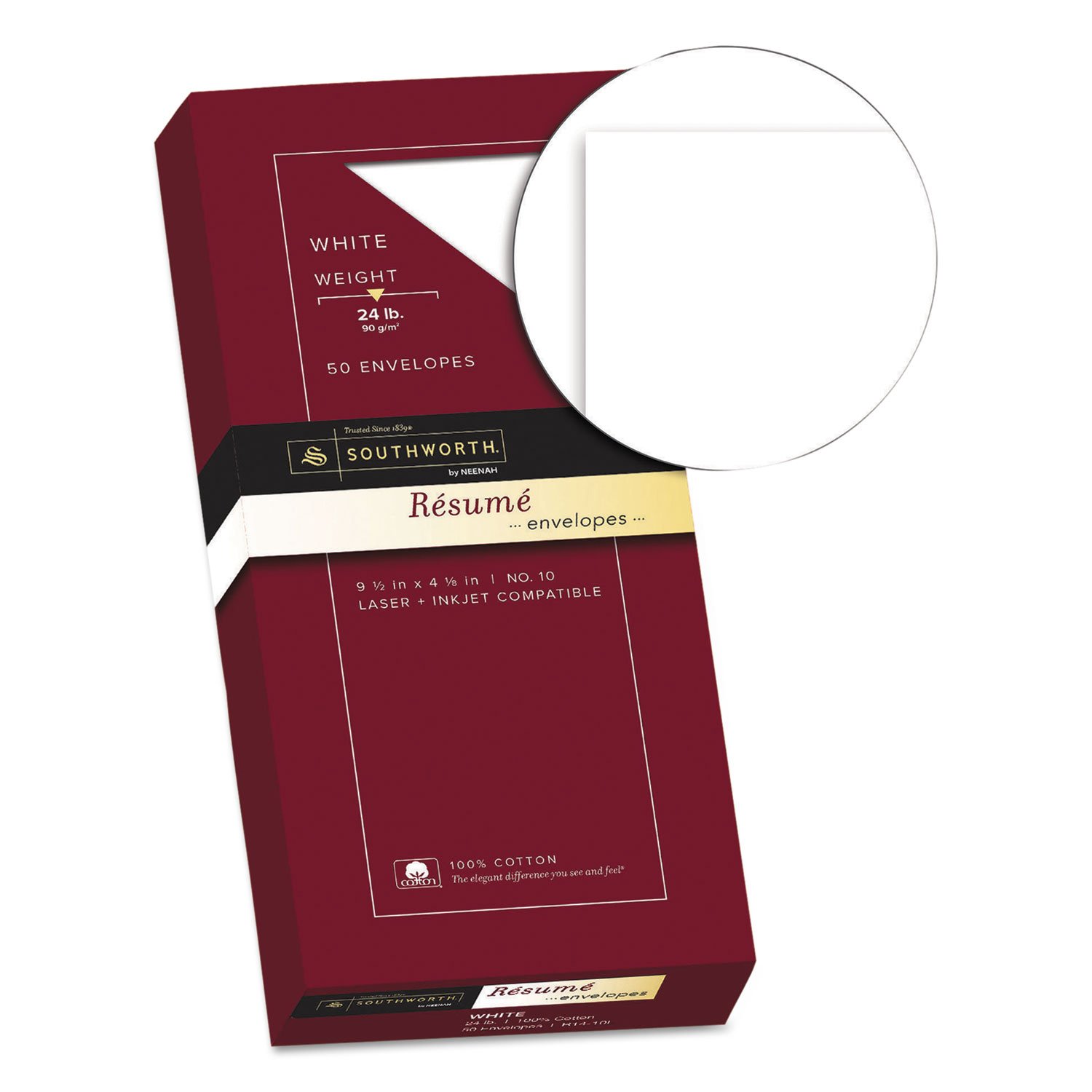 Southworth R1410L 100% Cotton #10 Resume Envelope 4 1/8 x 9 1/2 White 24lb Wove 50/Box (SOUR1410L)
