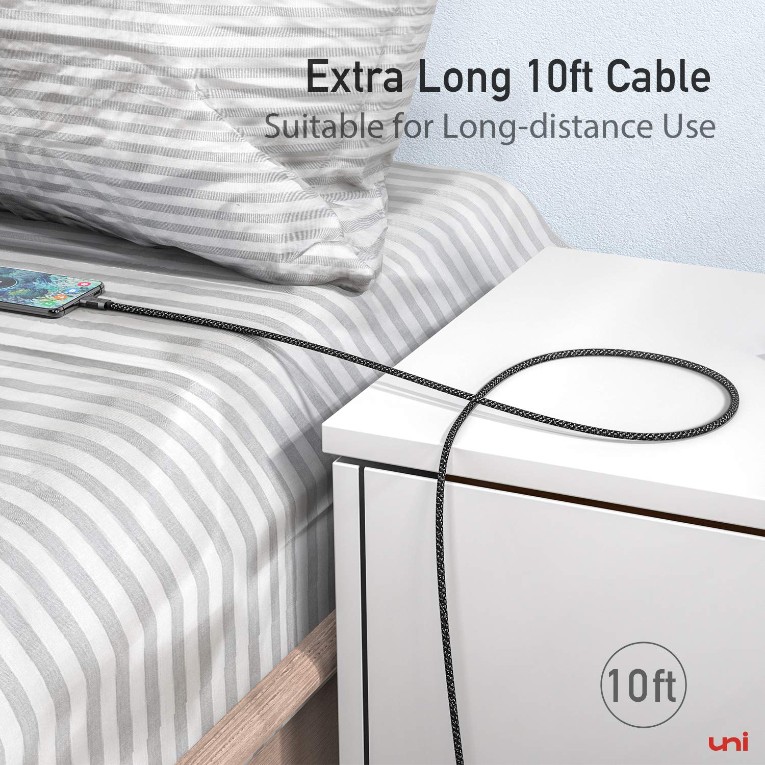 USB C to USB C 60W Cable 10ft, uni Type C to Type C Fast Charging Cable (Braided Nylon) Compatible with iPad Pro 2020, MacBook Air/Pro 2020, Samsung Galaxy S21/S20 Ultra, Nintendo Switch and More