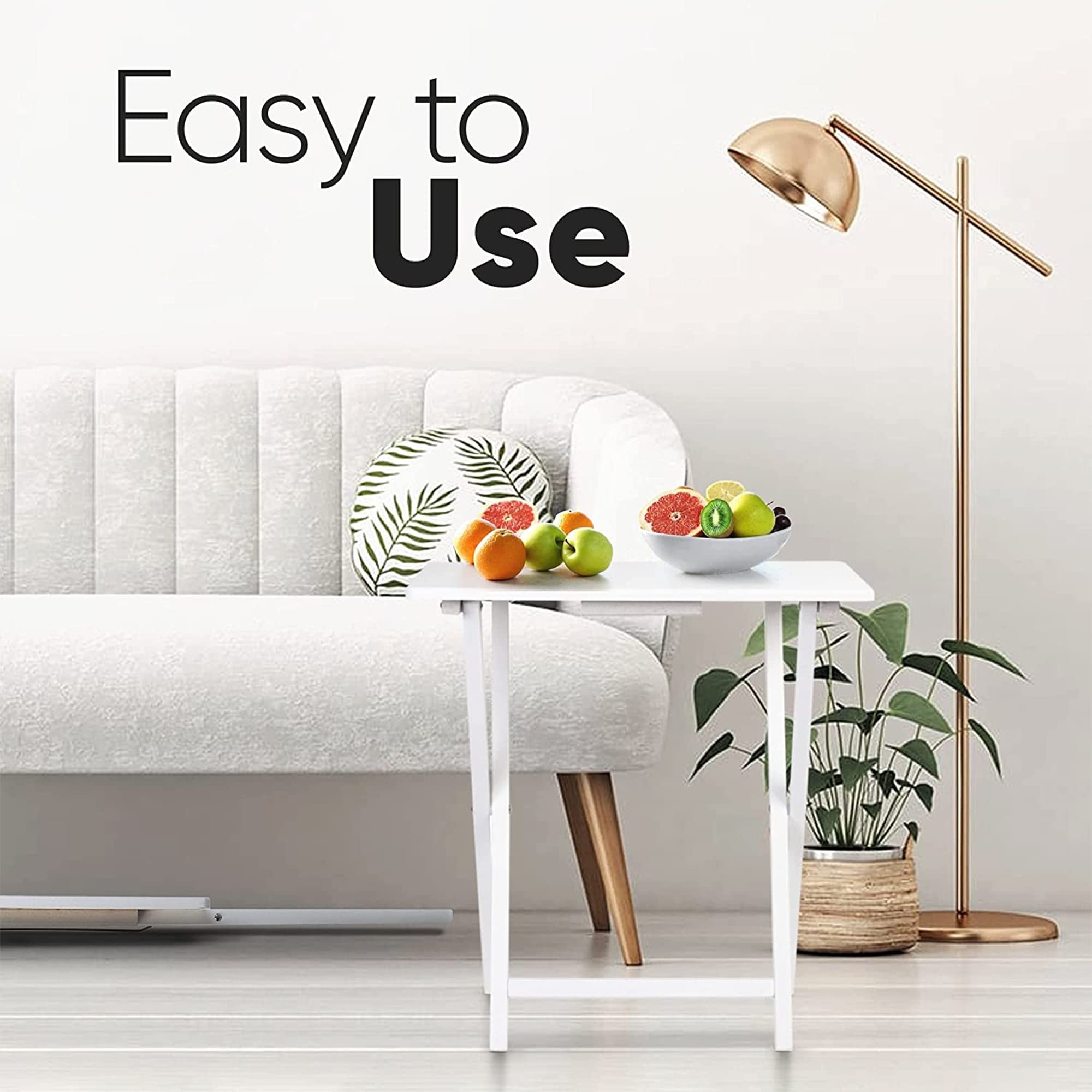 PJ Wood Lightweight Rectangle Solid Wood Construction Multifunctional Folding Table Tray with Compact Storage Rack, White, 2 Piece Set