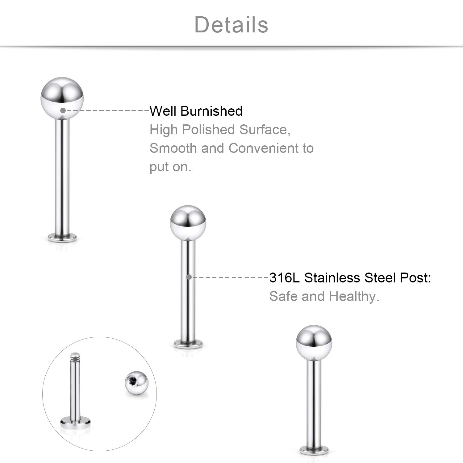 SCERRING 18PCS 12g Stainless Steel Balls Labret Monroe Lip Cheek Tragus Cartilage Helix Earring Ring Body Piercing Jewelry 12-16mm - Mix Color