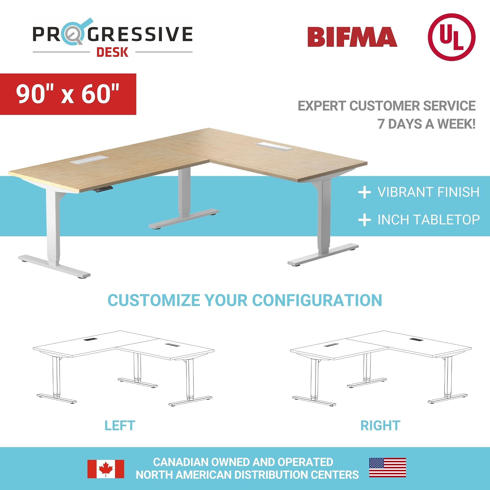 Progressive Desk L Shaped Height Adjustable Standing Desk 90" x 60" - Corner Computer Desk - Electric Stand Up Rising Workstation - Black Frame/Light Walnut Top