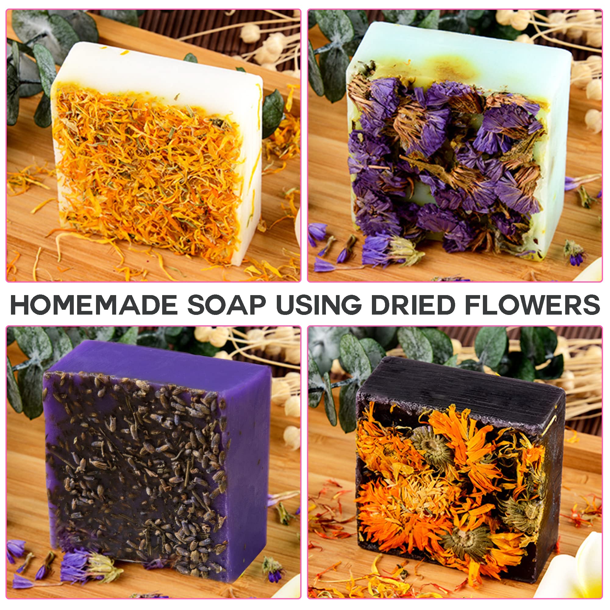 Silicone Soap Molds Kit,Include 2pc 6 Cavities Rectangle Silicone Molds &12 Bag Natural Dried Flowers for DIY Handmade Soap Making, Candle Making, Rice Krispy Treats, Cake Mold