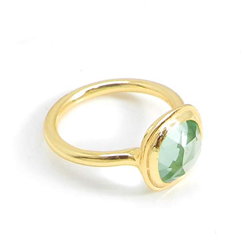 Shilpi Impex Green Amethyst Hydro 8 MM Cushion Rose Cut Gold Plated Brass Handmade Statement Ring (Light Green, 11)