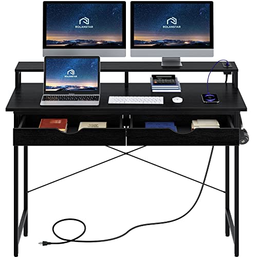 Rolanstar Computer Desk with 2 Drawers and Power Outlet, 39" Home Office Writing Desk with Monitor Stand, Workstation Table with Stable Metal Frame, Black