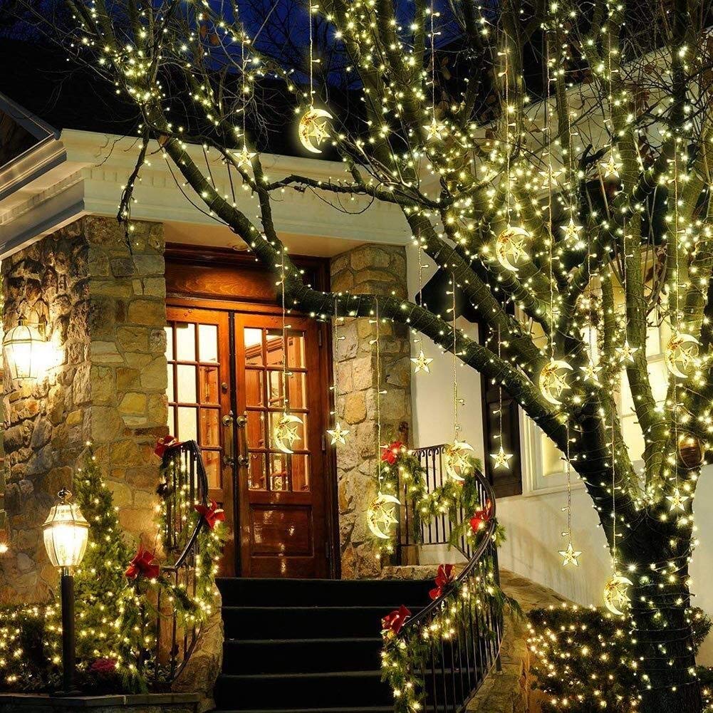 String Lights, 138 LED Star Curtain Lights, Moon Stars String Lights, with 2 Charging Methods (Battery/USB), for Home Garden Outdoor Indoor Wall Decoration