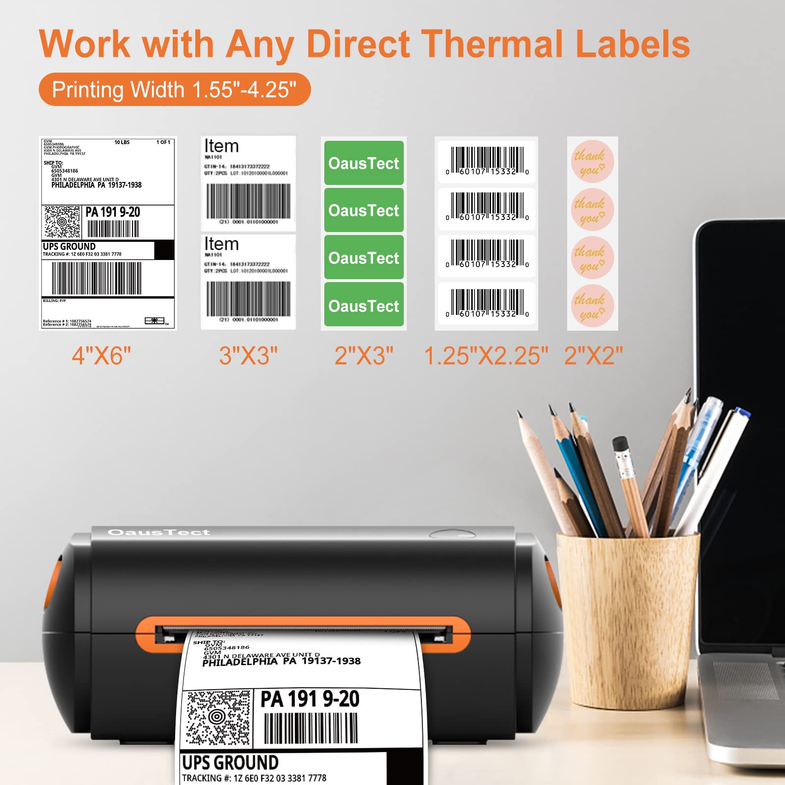 OausTect Label Printer for Thermal Shipping Stickers,Printing for 4x6 Labels, Lightweight Wireless High Speed USB Desktop Barcode Thermal Label Printer, Compatible Windows, MAC