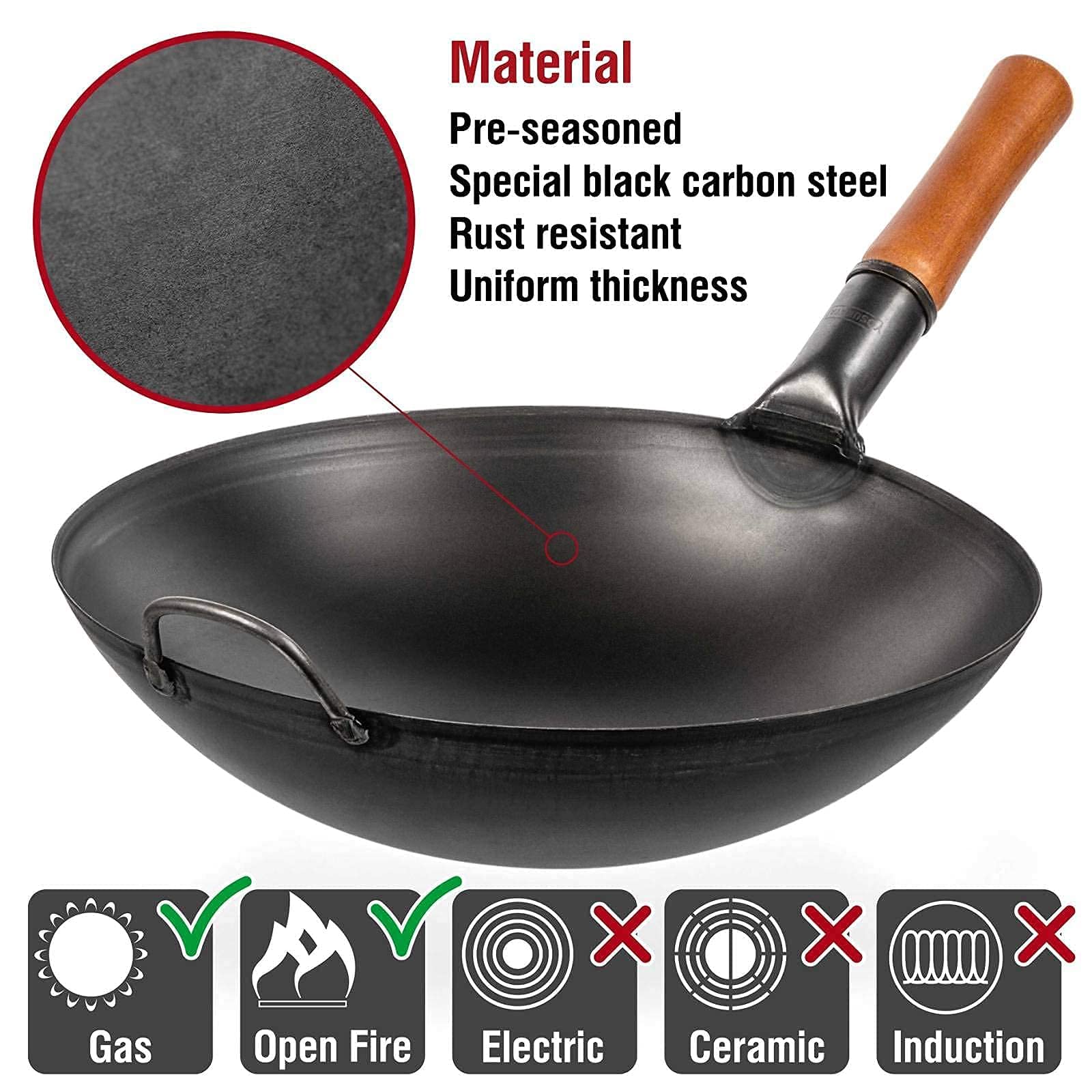 YOSUKATA Carbon Steel Wok Pan 14 17ββ Wok Spatula and Ladle - Set of 2 Heat-Resistant Wok Tools